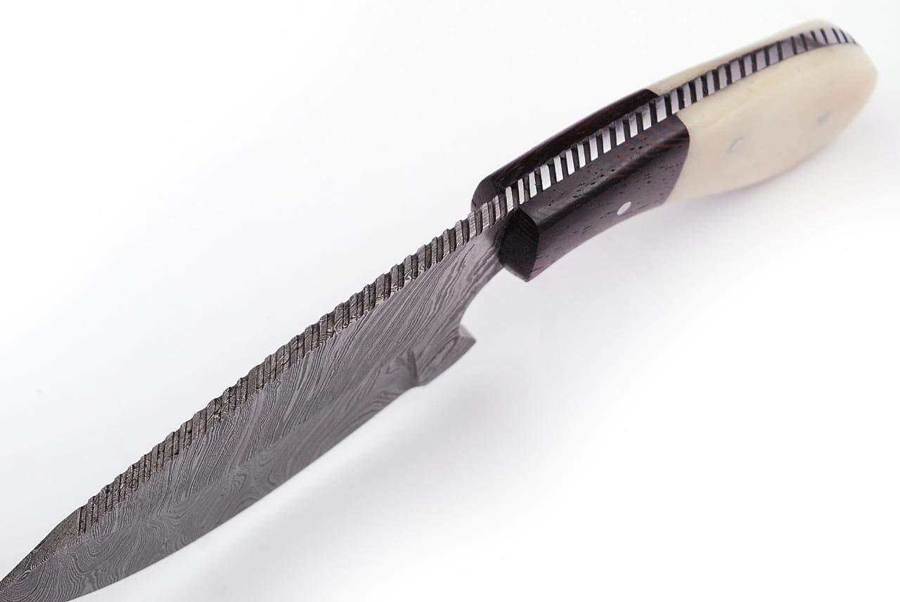GladiatorsGuild DH79B Custom Made Full Tang Skinner Fixed Blade Small Skinning Knife with Sheath Damascus Steel Pattern Welded DH79B (White)