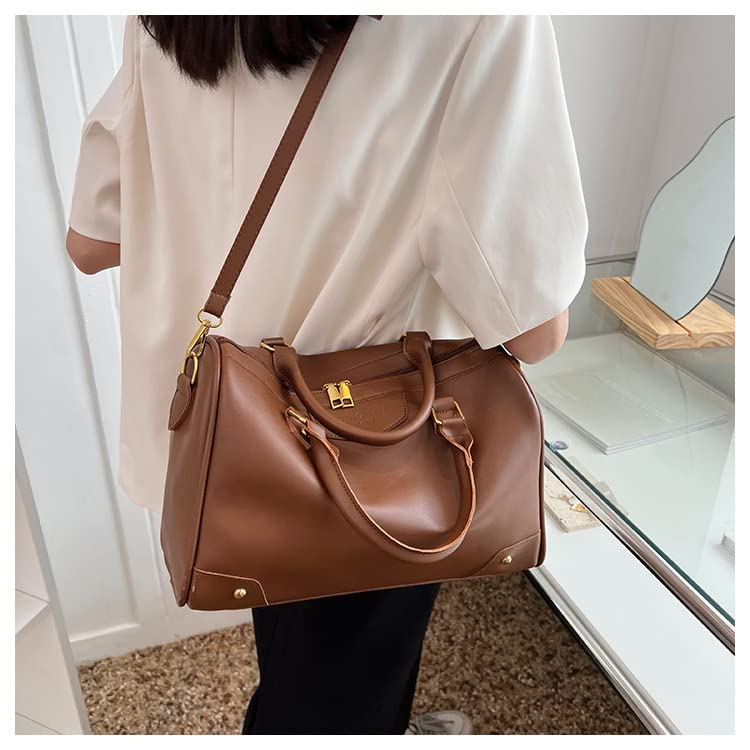 HANDAFA Boston Bag Zip Tote Handbag Vintage Shoulder Handbag With Adjustable Strap For Women(Brown)