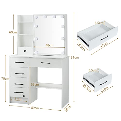 White Vanity with Sliding Mirror, 10PCS Hollywood Bulbs 3 Lighting Modes Vanity Desk with 6 Storage Drawers, Dressing Table Set with 6 Display Shelves for Girls.