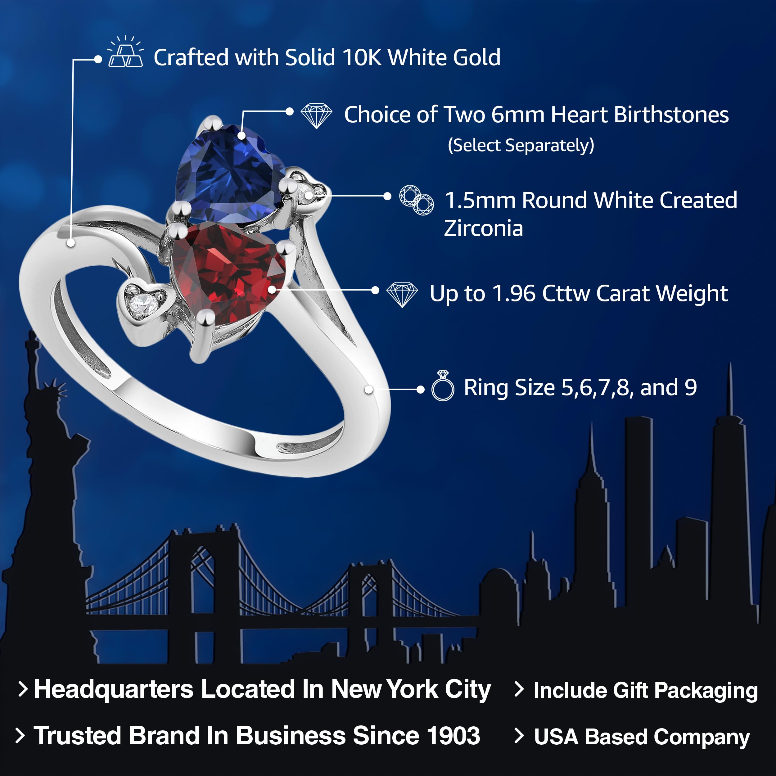 Gem Stone King 10K White Gold Promise Customized and Personalized Build Your Own 2 Birthstone For Her Heart Shape Women Engagement Ring (Size 7)