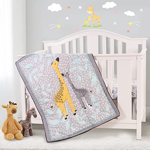Honkaii Crib Bedding Set for Boys or Girls 3 Piece, Crib Sheet, Crib Skirt, Crib Comforter Included, Grey Crib Set for Boys, 100% Cotton Baby Nursery Bedding Decor, Jungle Giraffe Theme