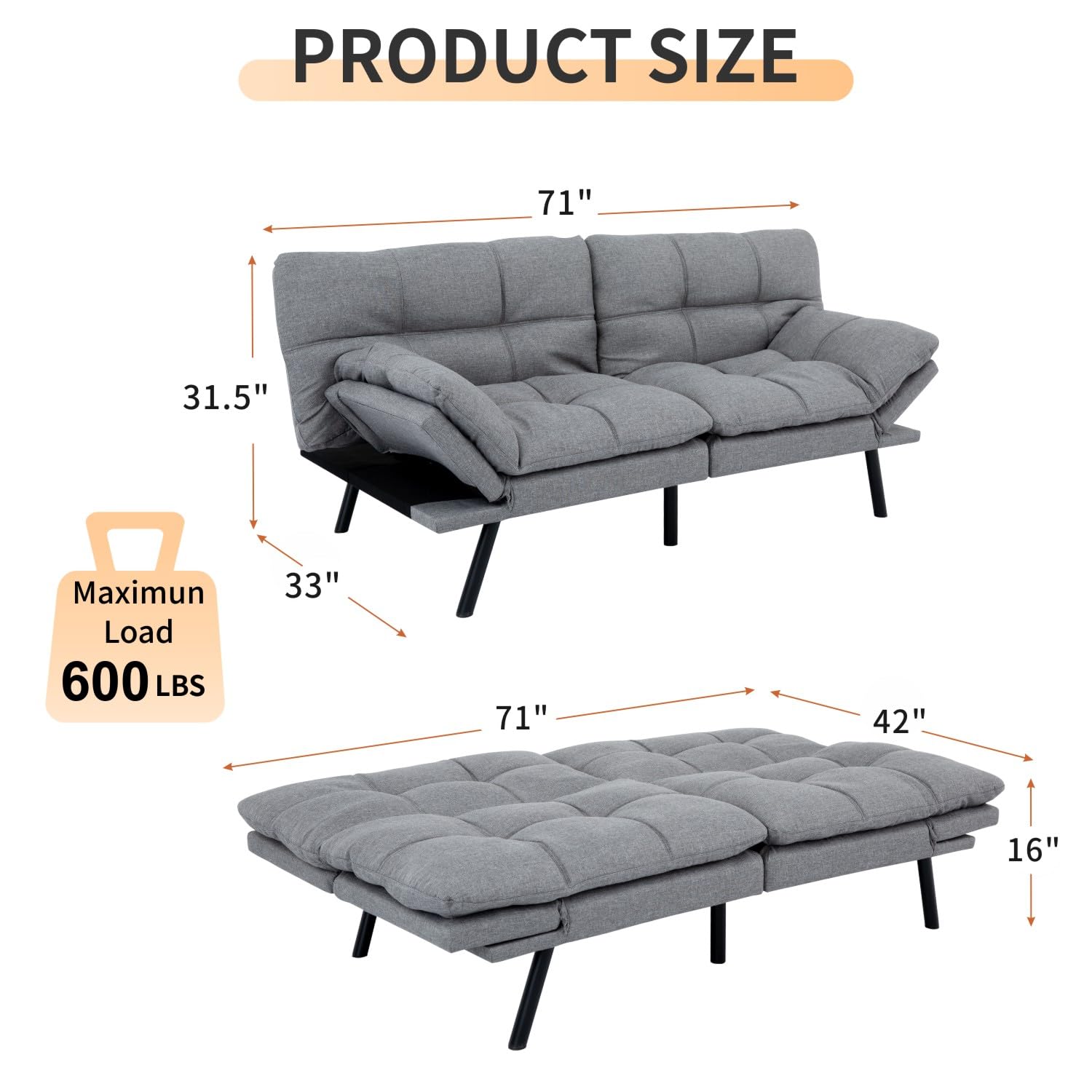 MUUEGM Futon Sofa Bed Couch,Memory Foam Futon Convertible Sofa Bed, 71″Fabric Futon with Convertible Backrest,Modern Loveseat Sofa,Sleeper Couch for Compact Space,Apartment,Living Room,Light Grey