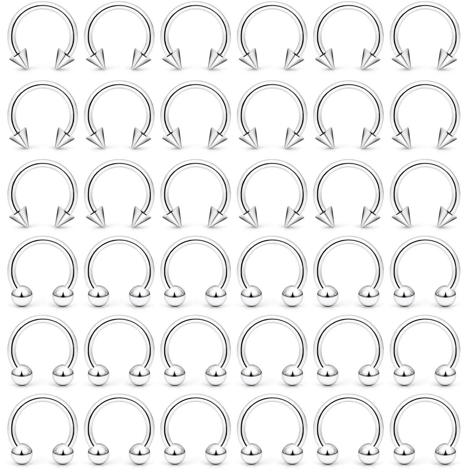 Ftovosyo 36PCS 12G Surgical Steel Septum Rings Horseshoe Barbell Tragus Cartilage Helix Earring Hoop Piercing Jewelry for Women Men 12mm Ball Spike Silver-tone