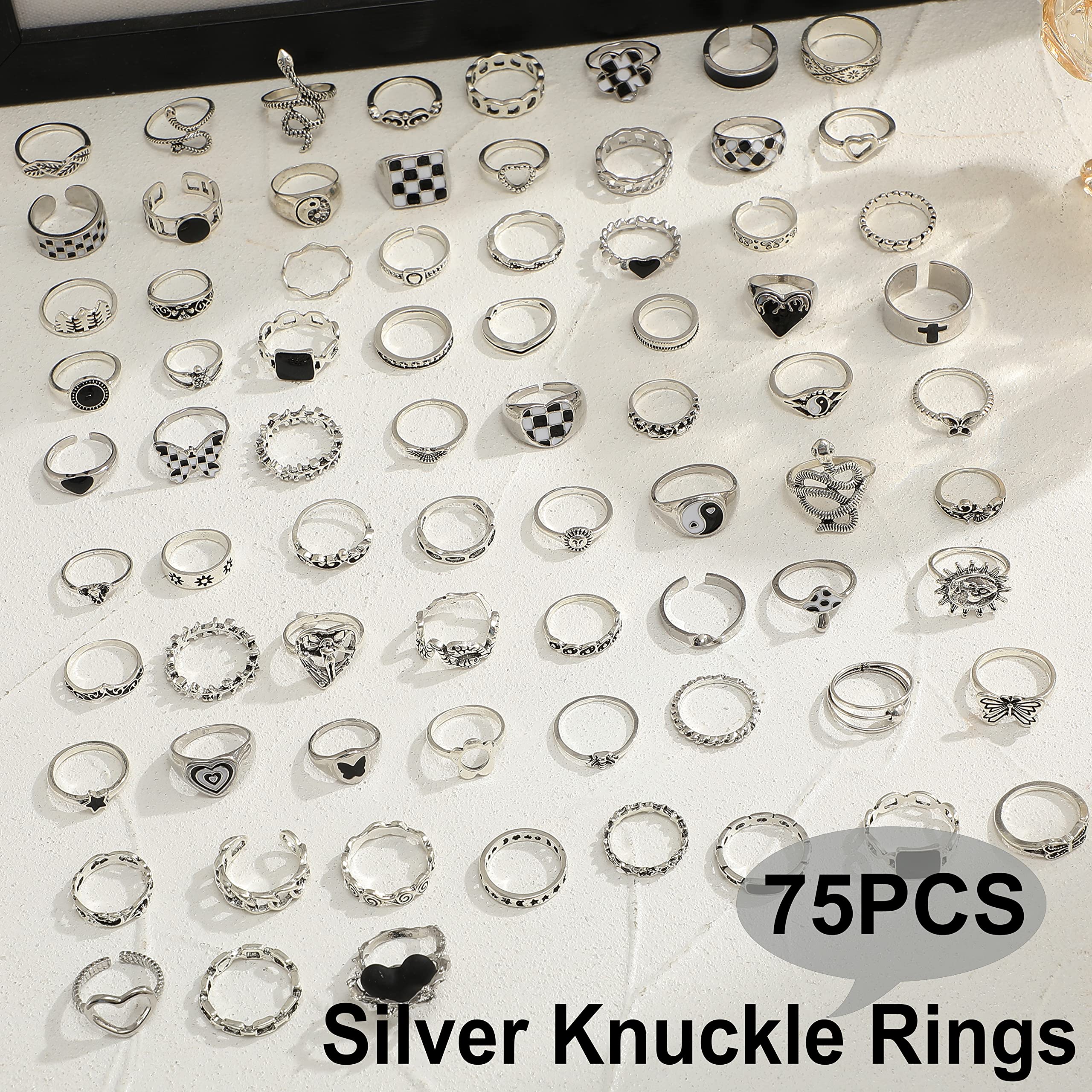 FAXHION 75 Pcs Vintage Silver Knuckle Rings Set for Women, Y2K Stackable Joint Finger Rings, Boho Butterfly Snake Aesthetic Stacking Midi Rings Pack