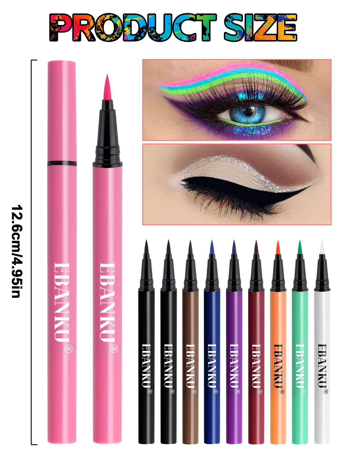 EBANKU 9 PCS UV Glow Neon Matte Liquid Eyeliner Set with 1 PCS Lash Glue Colorful Long Lasting Eyeliner Pencil Halloween Christmas Eyes Makeup Kit