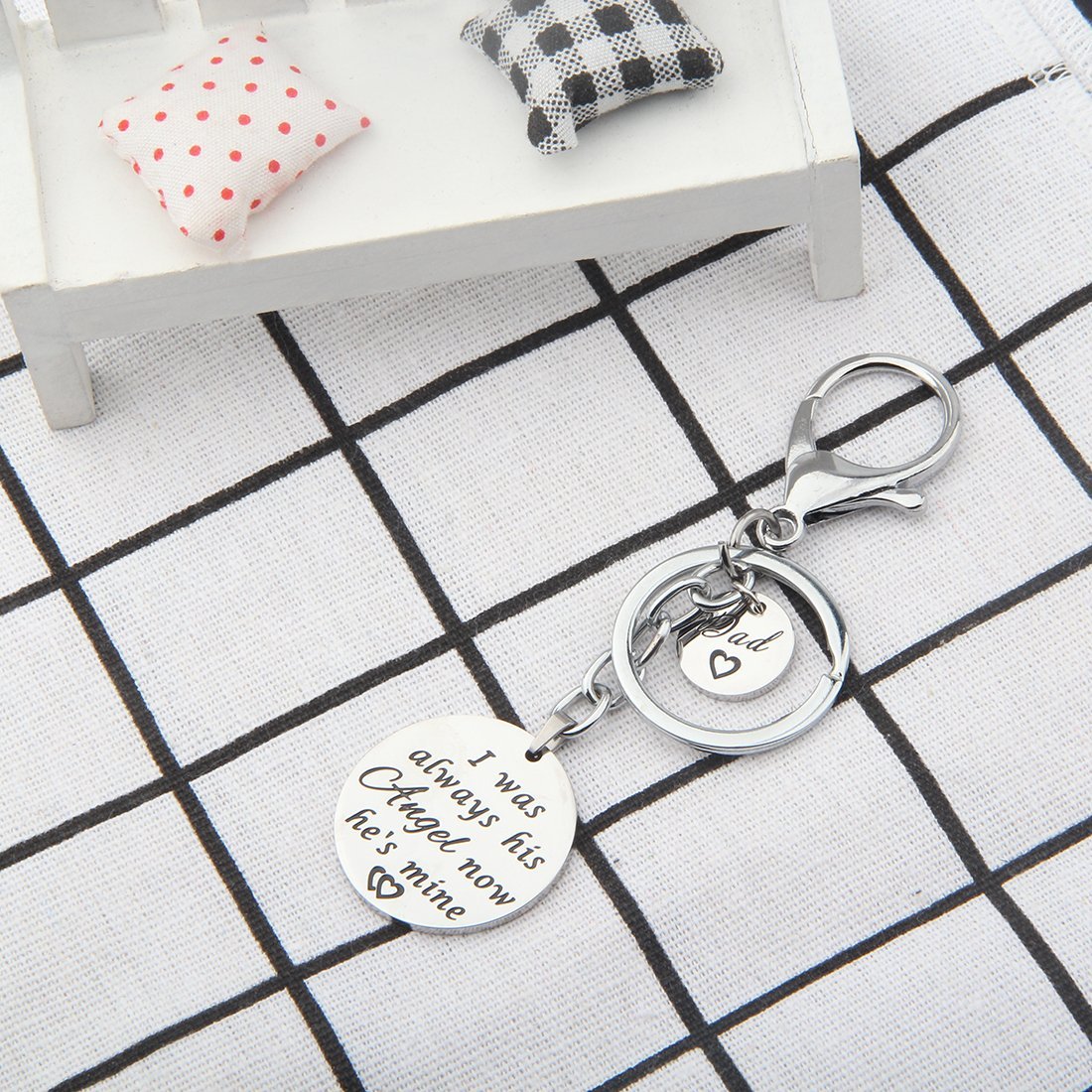ENSIANTH I Was Always His Angel Now He's Mine Dad Hand Stamped Keychain with Dad Charm (Angel keychain)