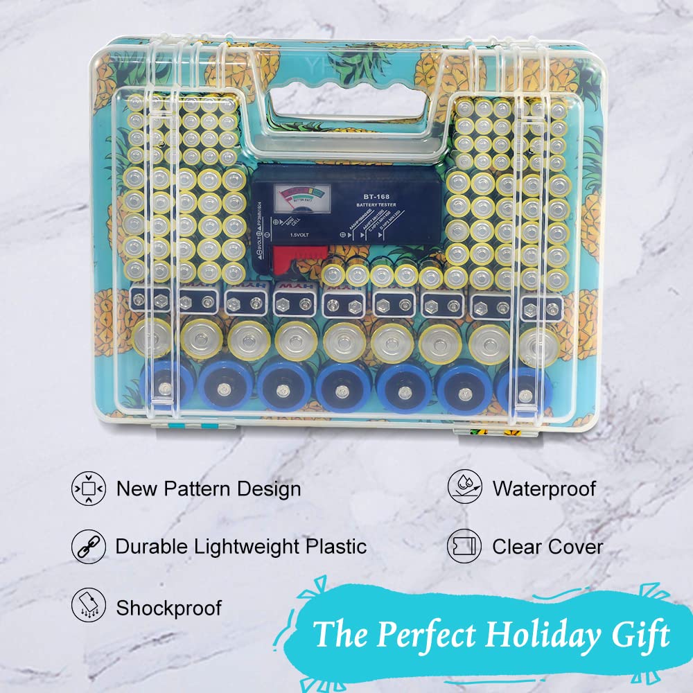 KF-Value Battery Organizer Storage Case with Tester, Waterproof Battery Storage Box, 230+ Battery Case Battery Holder for Household Batteries(2A 3A C D 9V Coin Cell),Pineapple