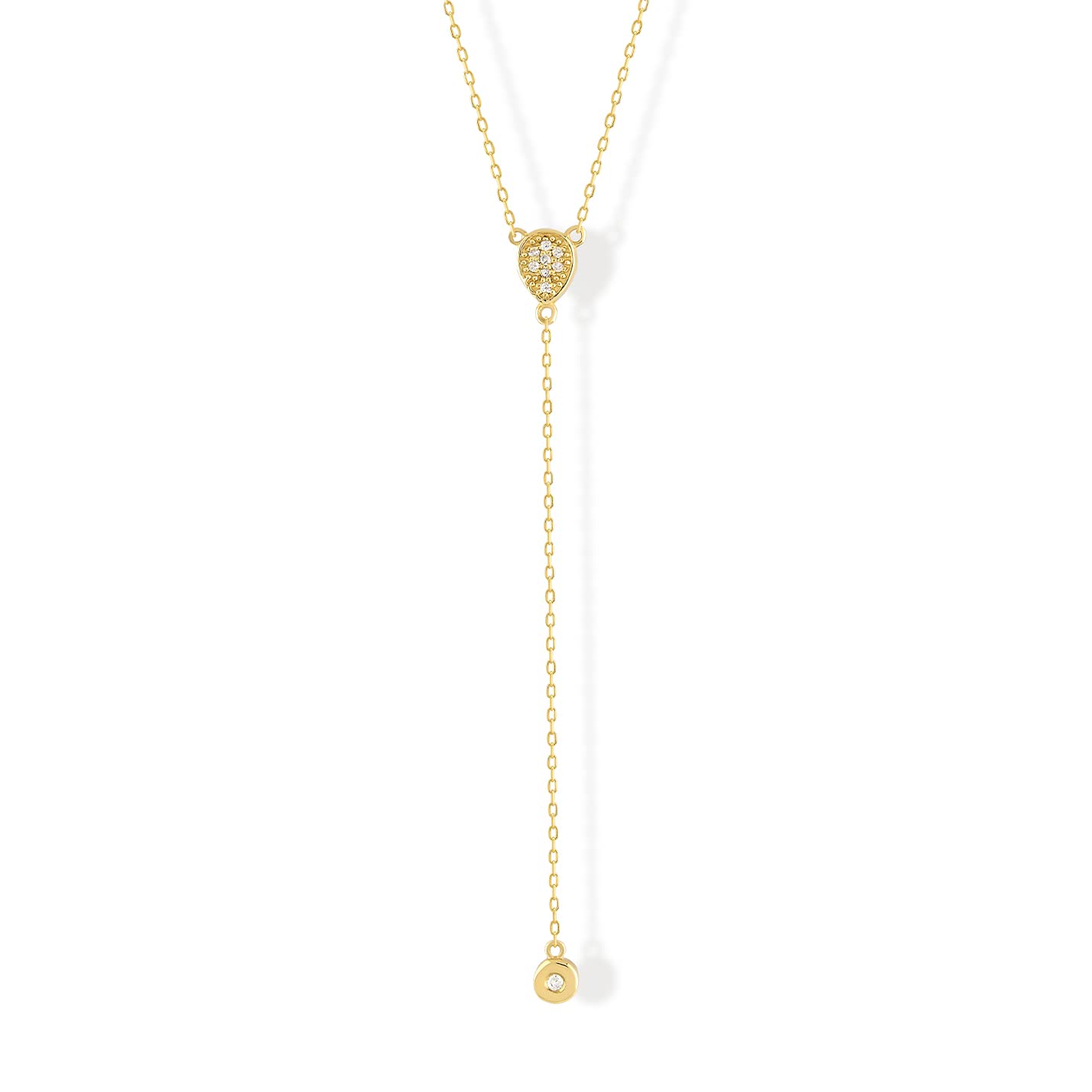 Diamond Solitaire Lariat Necklaces | 14k Solid Gold Diamond Bezel Set Y-Necklace for Women | Teardrop, Round Diamond Y Necklace | 14k Yellow Gold Dainty Jewelry | Gifts for Birthday, 18"