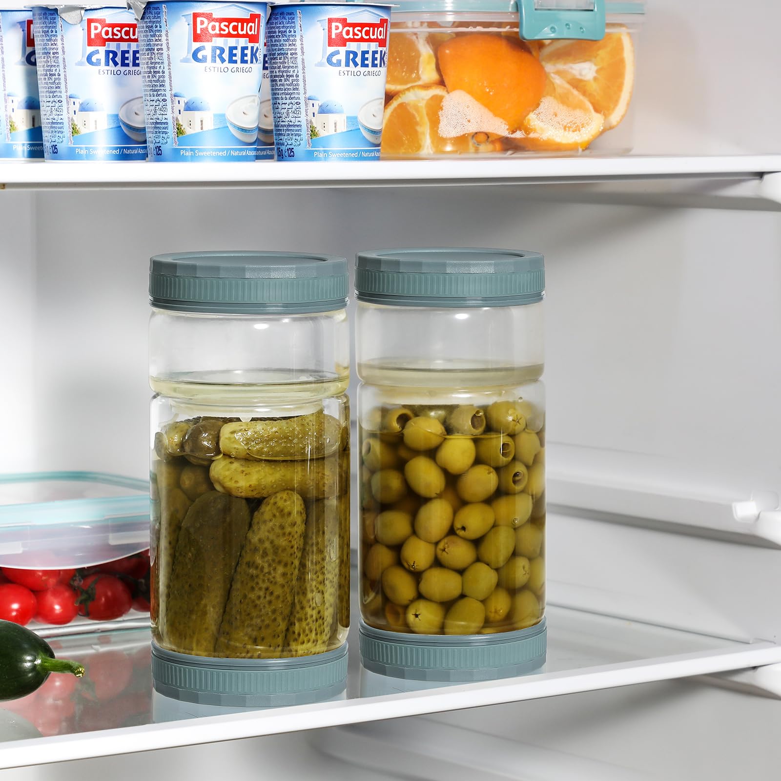 LANDNEOO 2 Pack 36oz Glass Pickle Jar with Strainer Flip, Airtight Olive or Kimchi Hourglass Container, Pickle Flip Holder Separate Food from Pickle Juice, Green