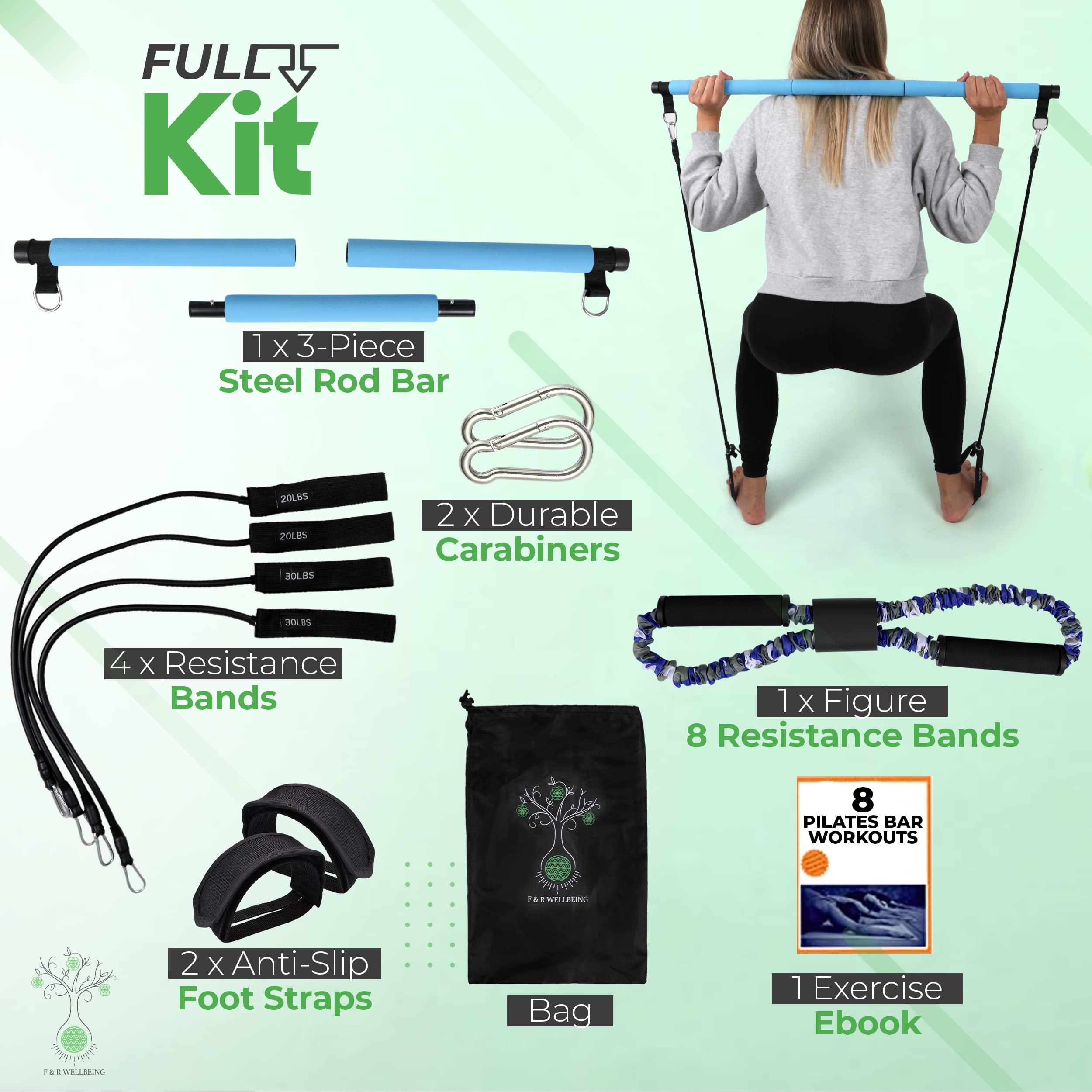 F & R Wellbeing Pilates Bar Kit Home Gym Equipment – 3 Sections Portable Bar with Workout Bars Resistance – Body Sculpting Stretch Bands for Exercise – Ideal Exercise Bar for Home, Travel, Office