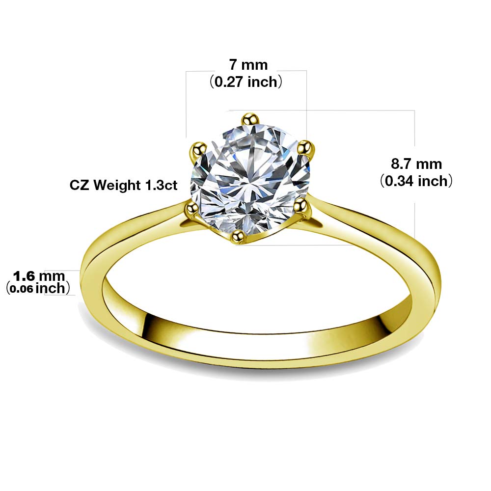 FlameReflection Gold Plated Stainless Steel Solitaire Wedding Engagement Ring for Women Proposal Statement 1.0 Carat CZ Travel Promise Ring Size 7.5
