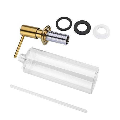 KMEINO Gold Soap Dispenser, Built in Undermount Soap Dispenser Brass Commercial, Brushed Gold Metal Pump Head Liquid Lotion Kitchen Countertop Soap Dispenser with 500ml PP Bottle