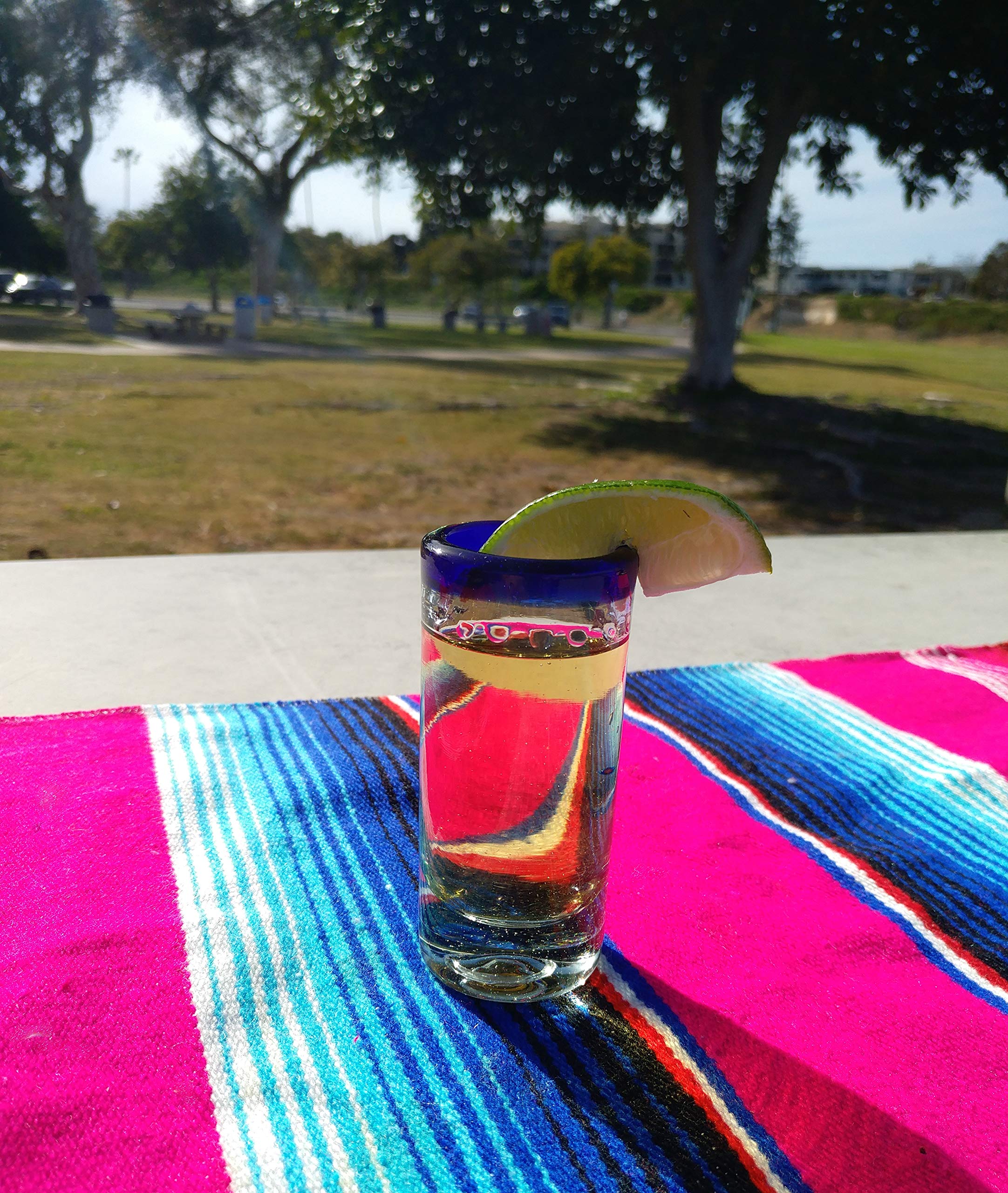 Hand Blown Mexican Tequila Shot Glasses – Set of 6 Cobalt Blue Rim Tequila Shot Glasses (2 oz each)