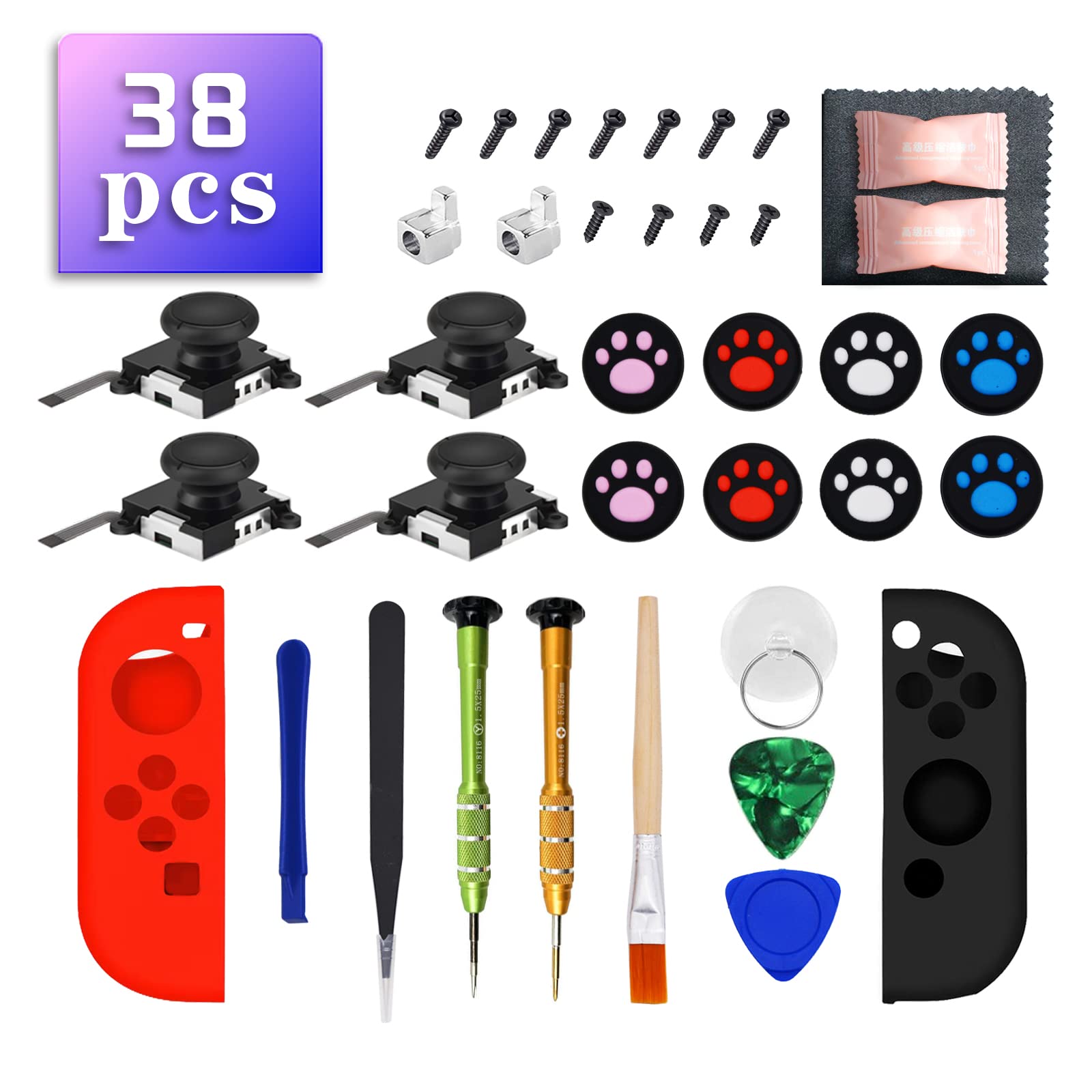 Joycon Joystick Replacement,38 PCS Joycon Repair Kit,4 Pack Joystick Analog Sticks for Nintendo Switch Joy Con Controller NS Repair Tool with Thumbstick Grips & Screws (K3)