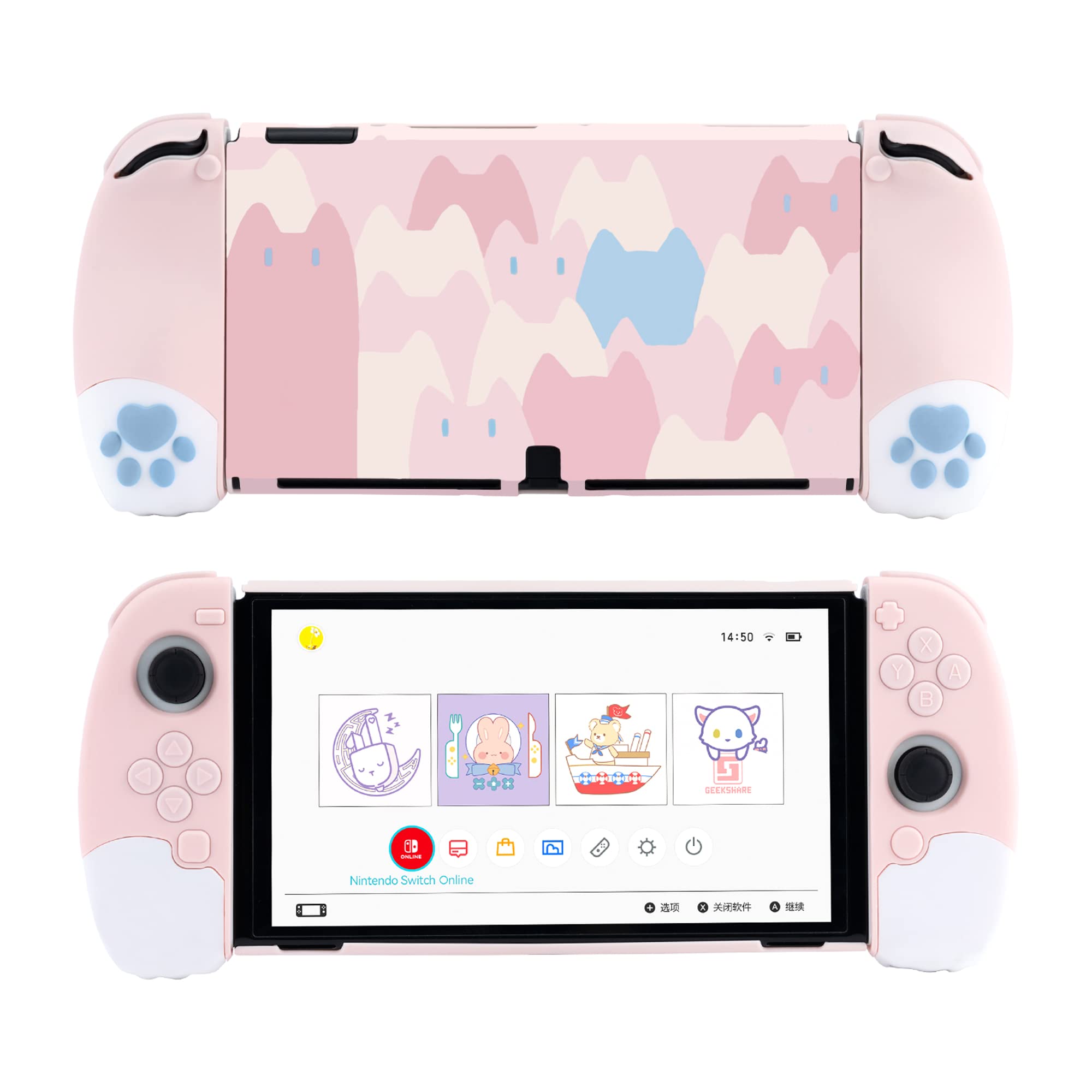 GeekShare Cute Cat Paw Ergonomic Protective Case Cover Compatible with Nintendo Switch OLED Console and Joy-Con, Shock-Absorption and Anti-Scratch Slim Cover Skin for Switch OLED Model- Pink