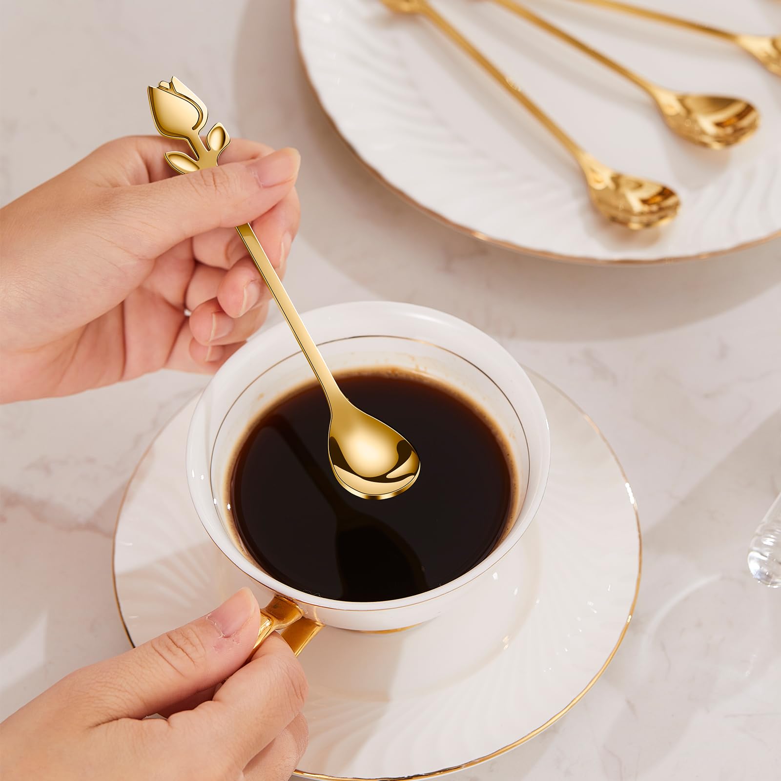 SGVRPVZ Gold Tulip/Rose Handle Tea Spoons 6-Pcs Set - 6" Stainless Steel for Mini Coffee Spoons, Espresso, Dessert - Ideal for Demitasse & Small Servings