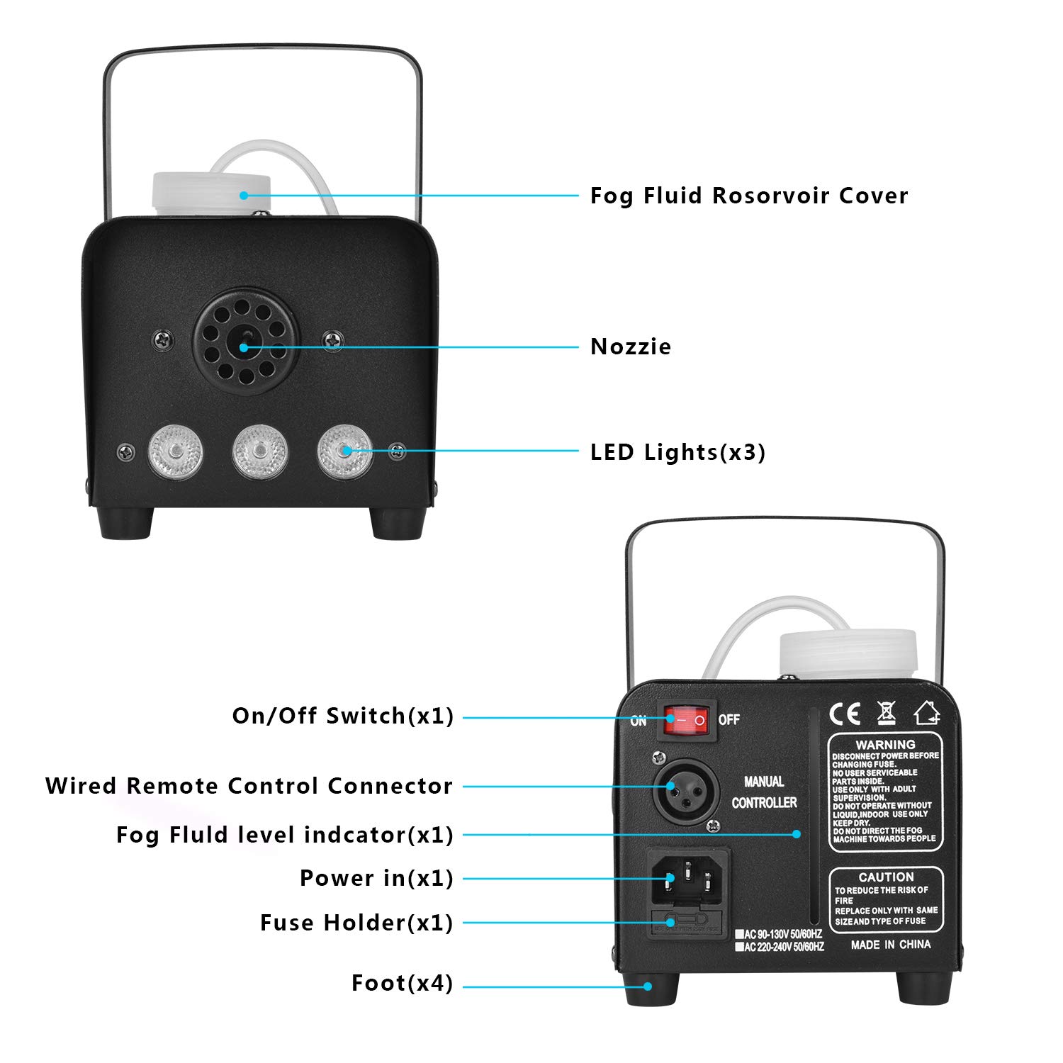 Fog Machine, BZBRLZ 500W Smoke Machine with 13 Colorful LED Lights Effect, 2000CFM Fog with 30cm Wired Receiver and 2 Wireless Remote Controls, Perfect for Wedding, Halloween, Christmas Party (A)