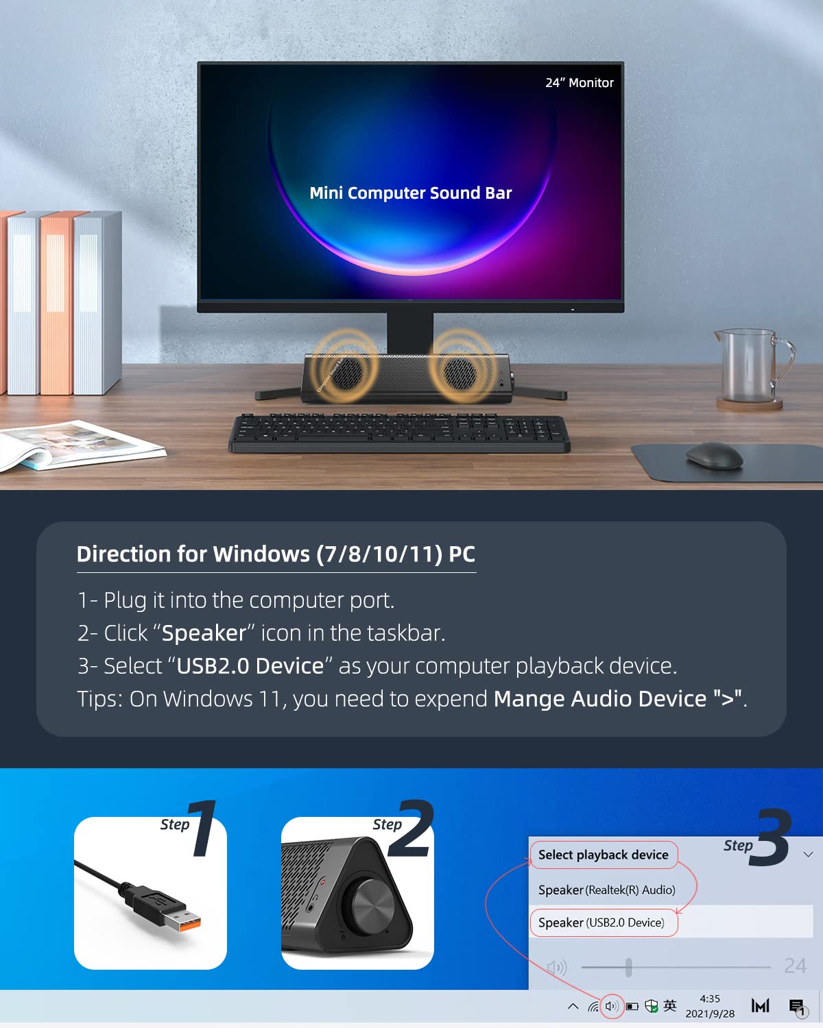 LISRFNIEAN PC Speakers, Computer Speakers for Desktop, USB-Powered External Speakers for Laptop, Small Computer Sound Bar with Crystal Clear Sound, Digital Volume Knob, Headphone Jack