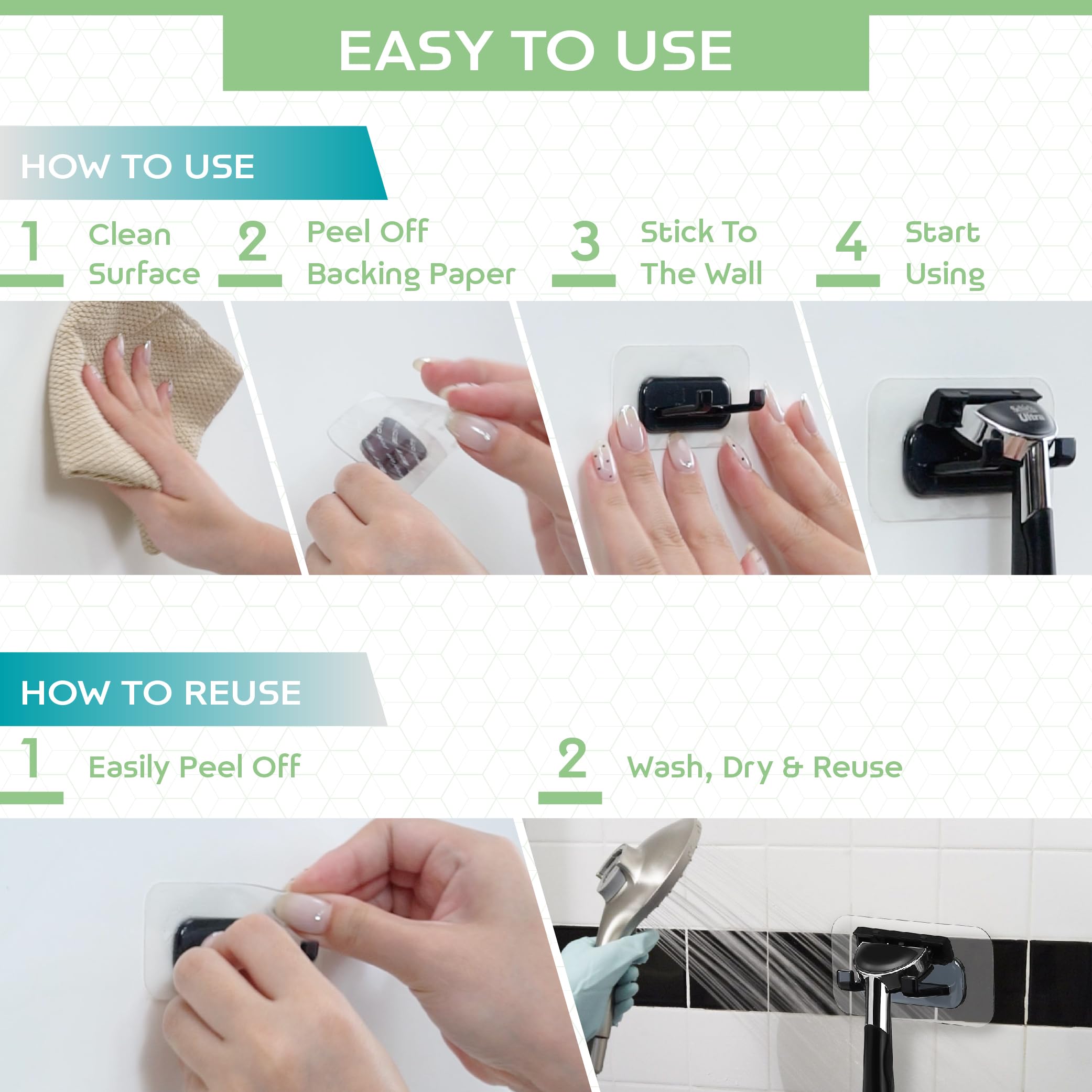 Hook LAB Self Adhesive Shower Razor Holder 2 Pack - Removable & Reusable Waterproof Hooks for Shower Wall | Suits Towels, Bath Accessories, Decoratives & More in Kitchen Bathroom (White)