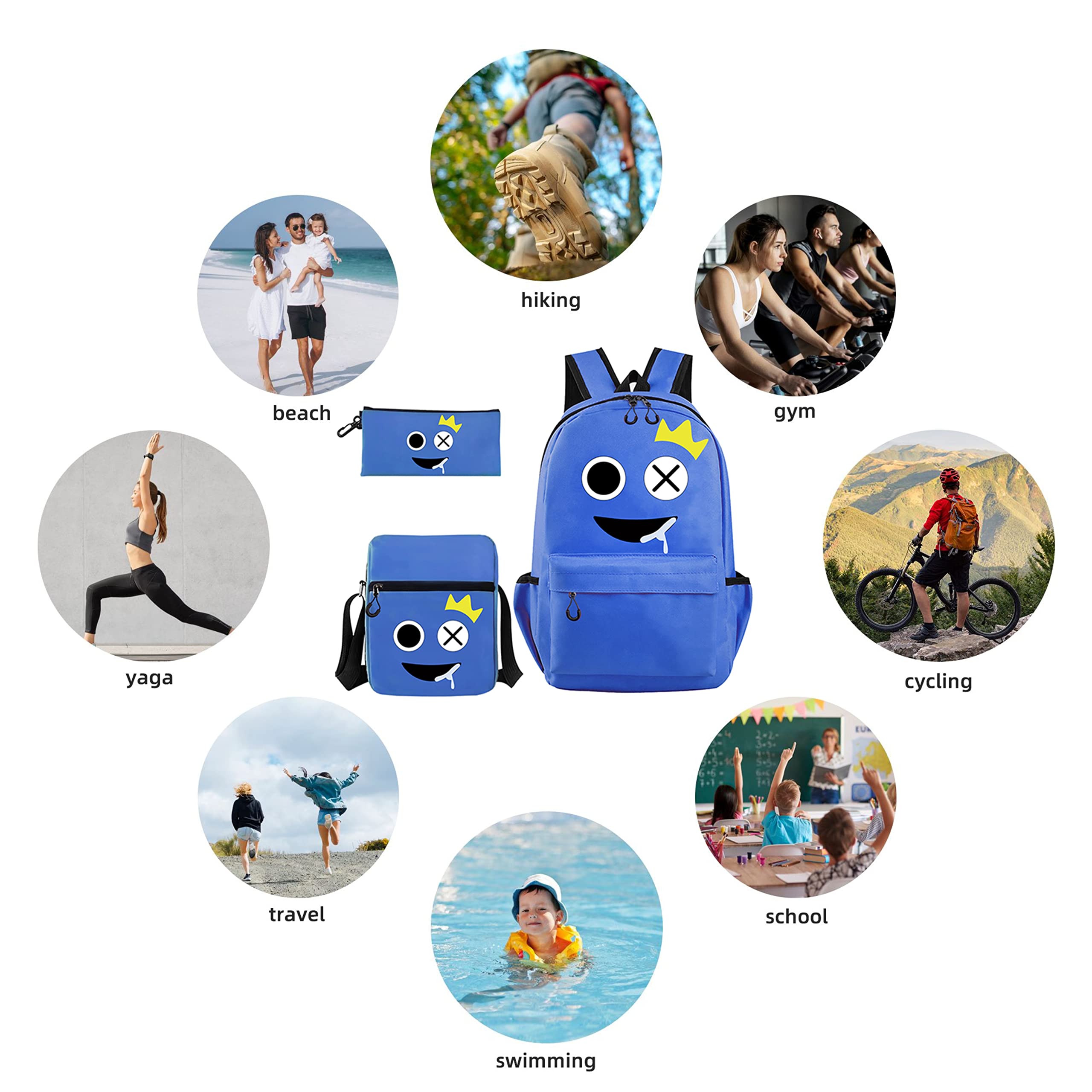 EGGPOD 3PCS Blue Friends Backpack 17 Inch Aesthetic Casual Pesonalized Backpack Set, Breathable Portable Large Capacity Daypack, Lightweight(Blue)
