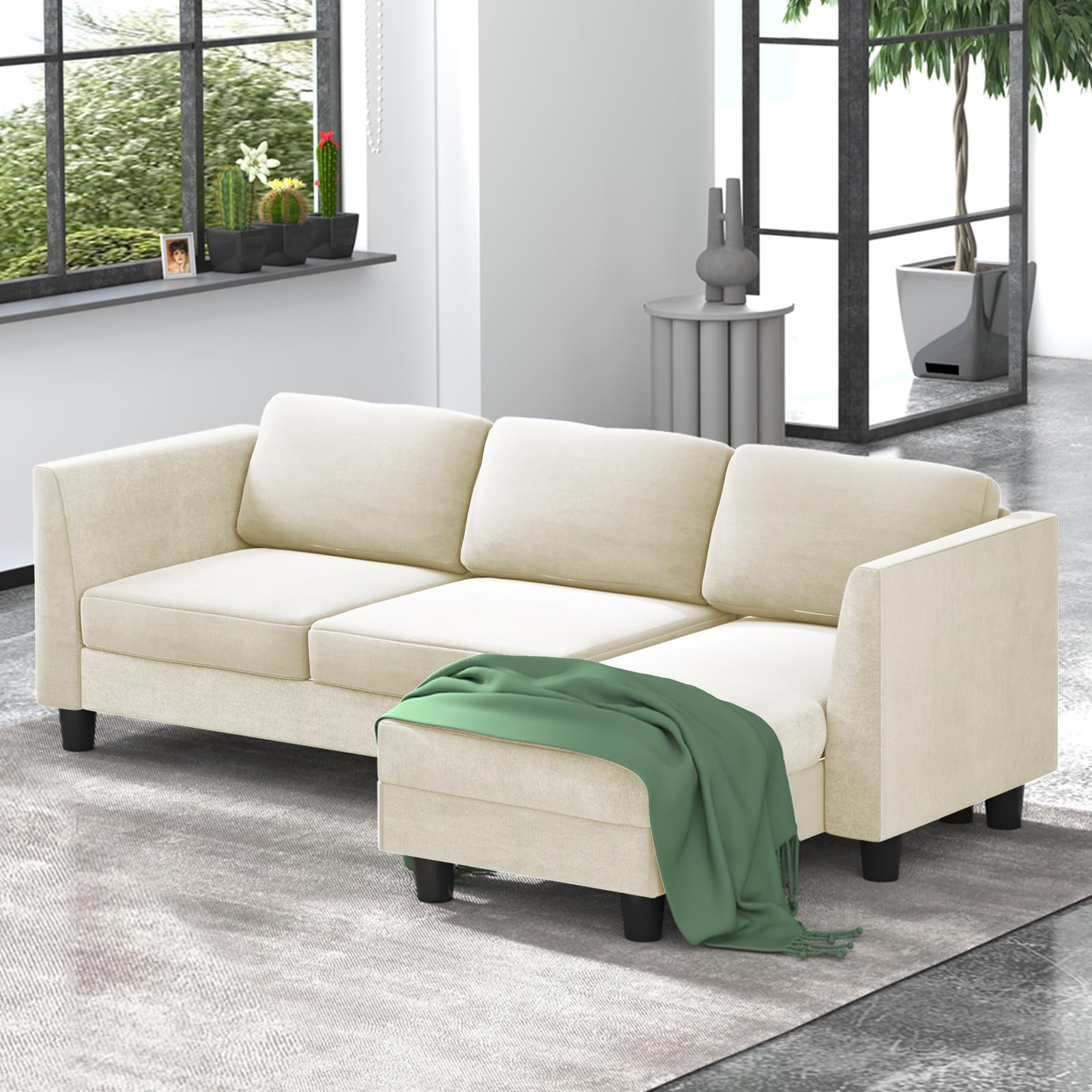 MUZZ 87'' Modern L-Shaped Sofa,Velvet Oversize Sectional Sofa with High-Density Sponge,Sectional Couch Sofa with Reversible Chaise for Couches for Living Room, Apartment,Beige