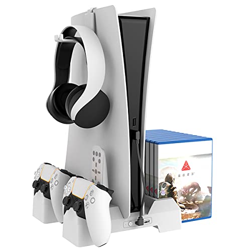 Geliebt Lynn PS5 Accessories - PS5 Stand with Cooling Fan and Dual Controller Charger Station, PS5 Headset Holder, 12 Game Slots, PS5 Disc & Digital Editions, White