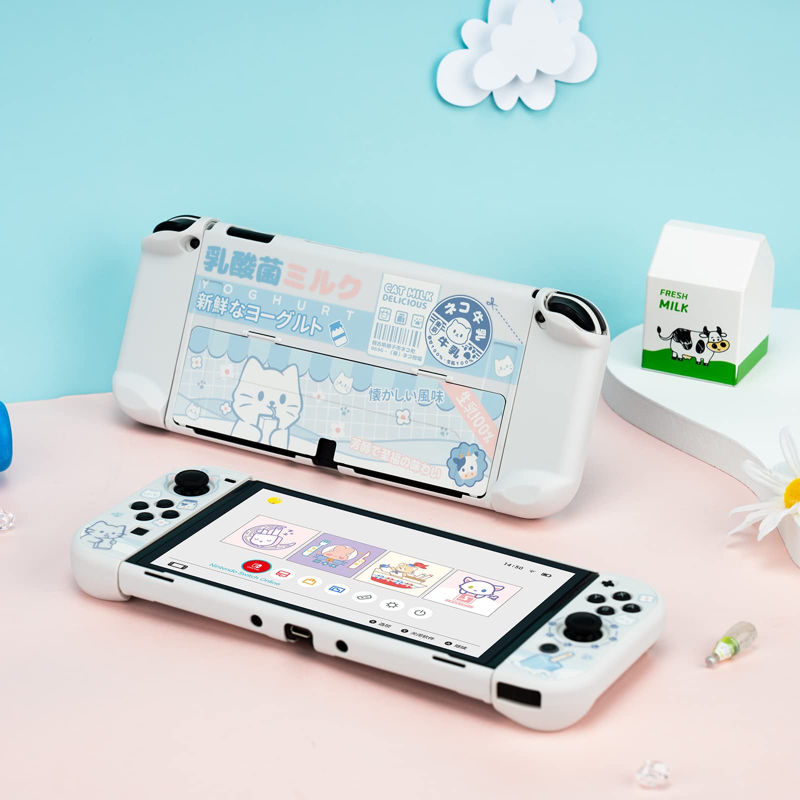 GeekShare Protective Case Slim Cover Case Compatible with Nintendo Switch OLED and Joy-Con - Shock-Absorption and Anti-Scratch - Yogurt Cat