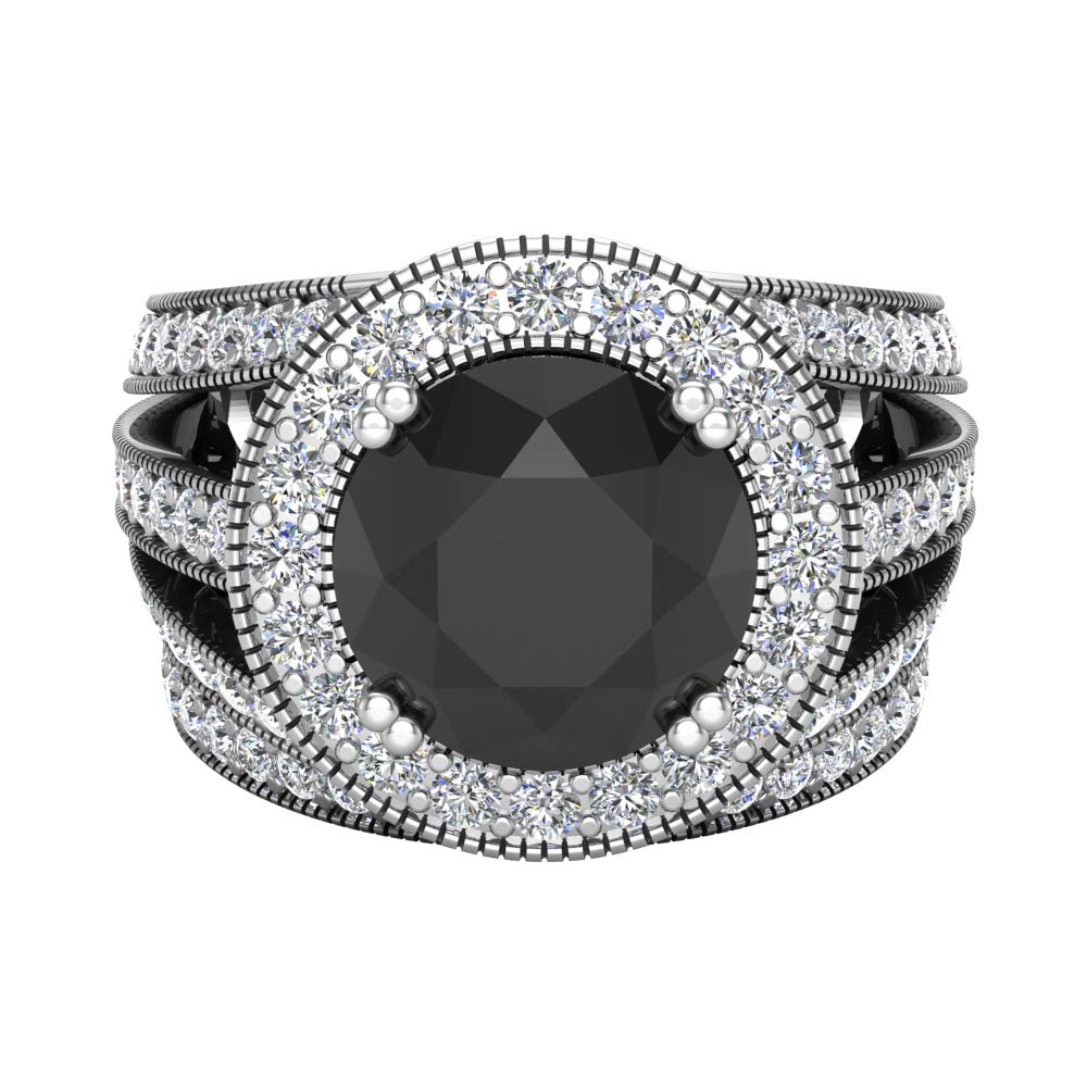 Glitz Design 14K White Gold Large Black Diamond Wedding Ring Sets for Women Round Cut Halo Diamond Rings 4.95 Carat (G,SI) (RS 85)