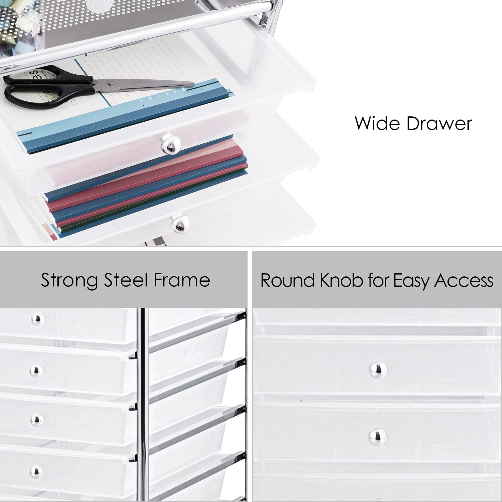 GOFLAME Rolling Drawer Cart with 10 Drawers, Utility Storage Organizer Cart with Wheels and Metal Frame, Art Cart for Office, School, Home, Clear