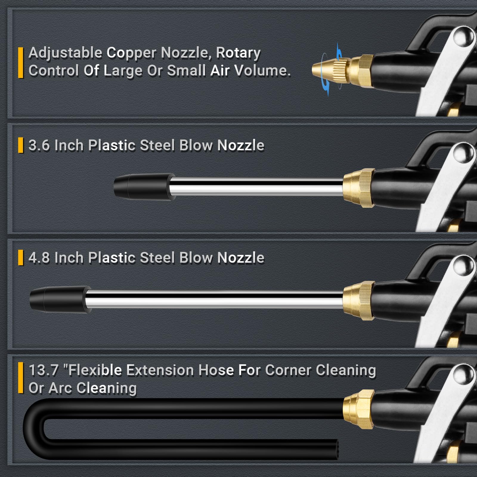 High Volume Air Blow Gun with Brass Adjustable Air Nozzle, Industrial Air Blower Gun with 2 pcs Steel Extensions and 13.7 Inch Universal Blow Hose, Pneumatic Air Gun Air Compressor Accessories Tool