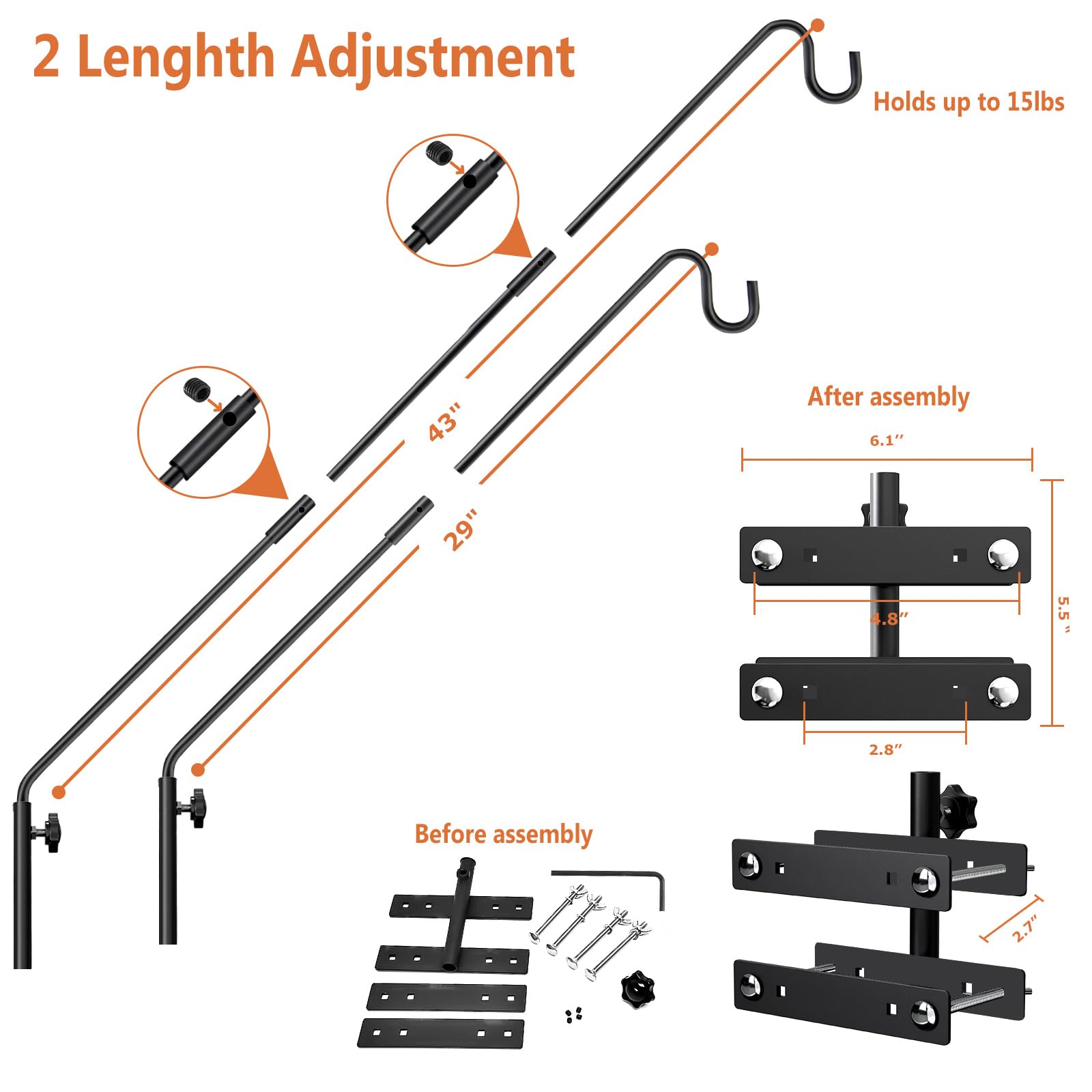 IVOODi Heavy Duty Deck Hook-Deck Railing Plant Hanger, 29 to 43 Inch Extended Bird Feeder Hanger W/Double Clamps,Versatile Deck Shepherd Hook for Hanging Bird Feeders,Lanterns,Planters etc.