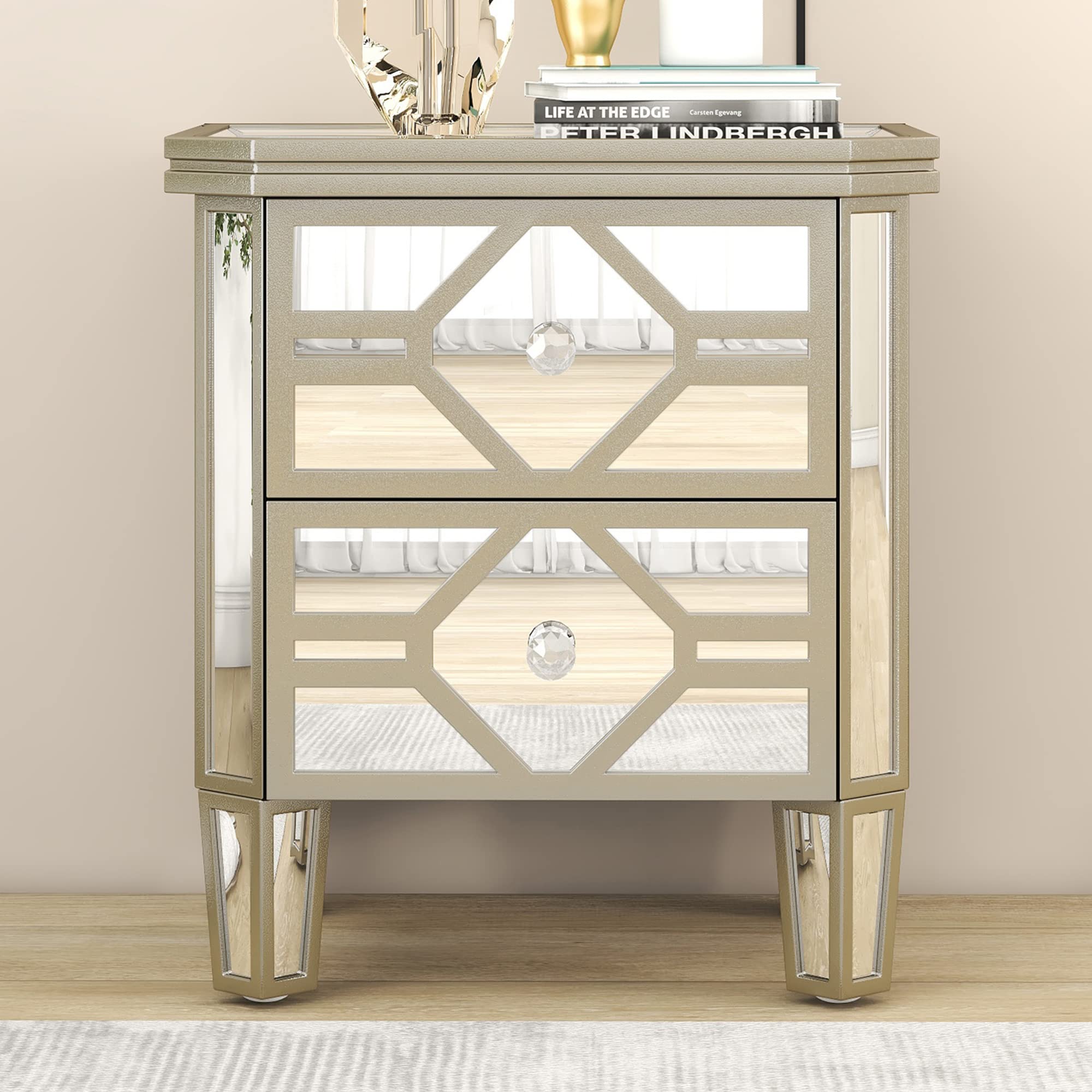 FOURBF Elegant Mirrored 2-Drawer Nightstand with Golden Lines, Side Table for Living Room, Hallway, Entryway