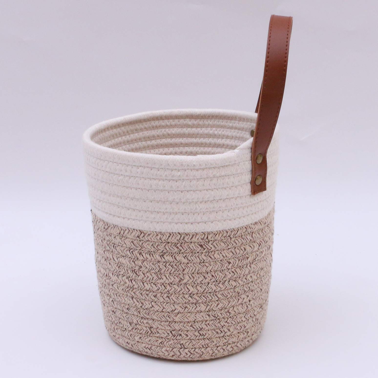 Hanging Storage Baskets Set of 2 For Wall/Door/Garage/Cabinets/Closet Organizer 6.7"x7.9" Small Woven Cotton Rope Basket with Leather Handle Home Décor for Plants