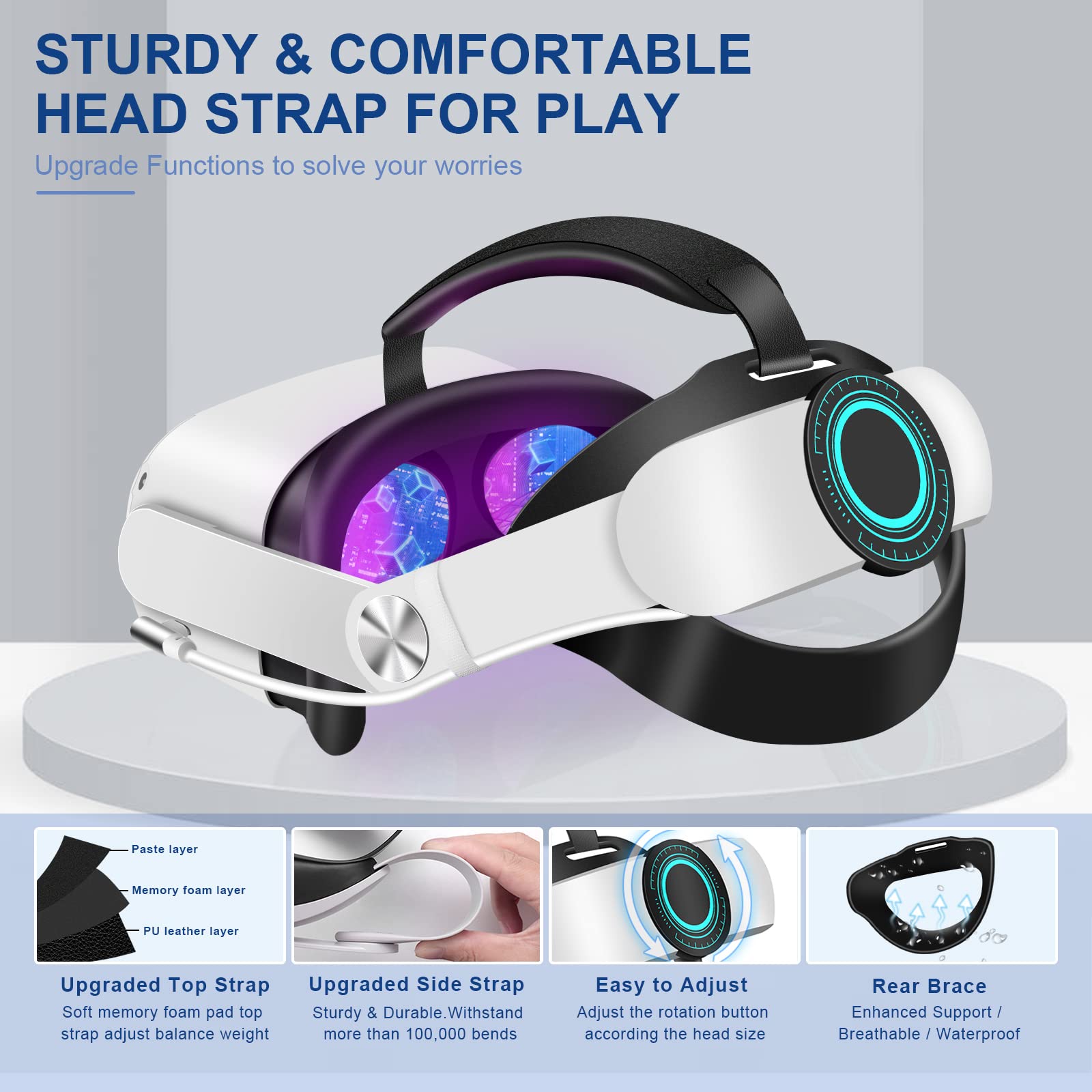 Head Strap with 10000mAh Battery Pack for Oculus Quest 2, Extend 8H Playtime Adjustable Elite Strap with Fast Charging VR Power & Lens Protector Cover for Enhanced Support and Comfort in VR