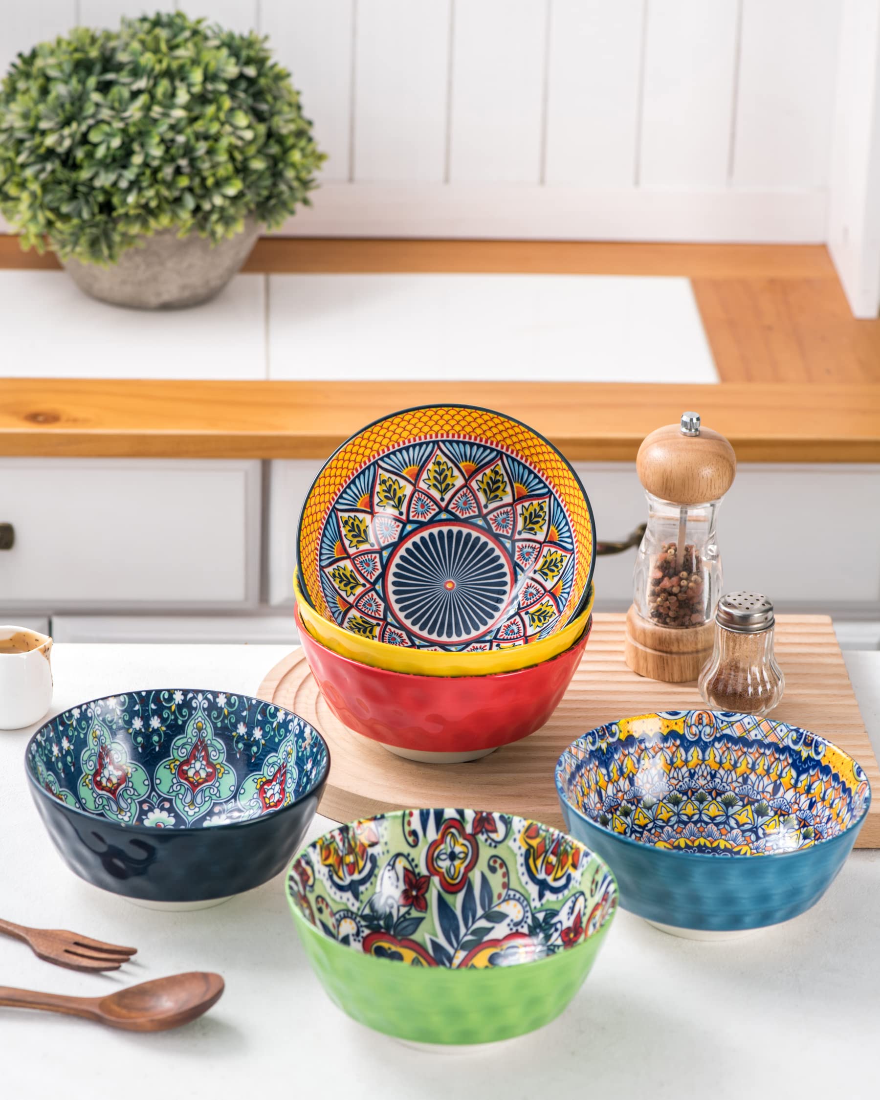 HENXFEN LEAD Ceramic Soup, Pasta Bowls Bundle - Colorful Bowls for Kithchen, Dinner, Eating -Bohemian Style