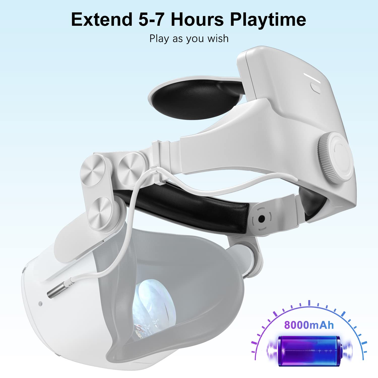 Head Strap with 8000mAh Battery for Oculus/Meta Quest 2, Rechargeable Battery Extend 5H Playtime, VR Accessories Adjustable Elite Strap Magnetic Connection Hot Swap Power Bank