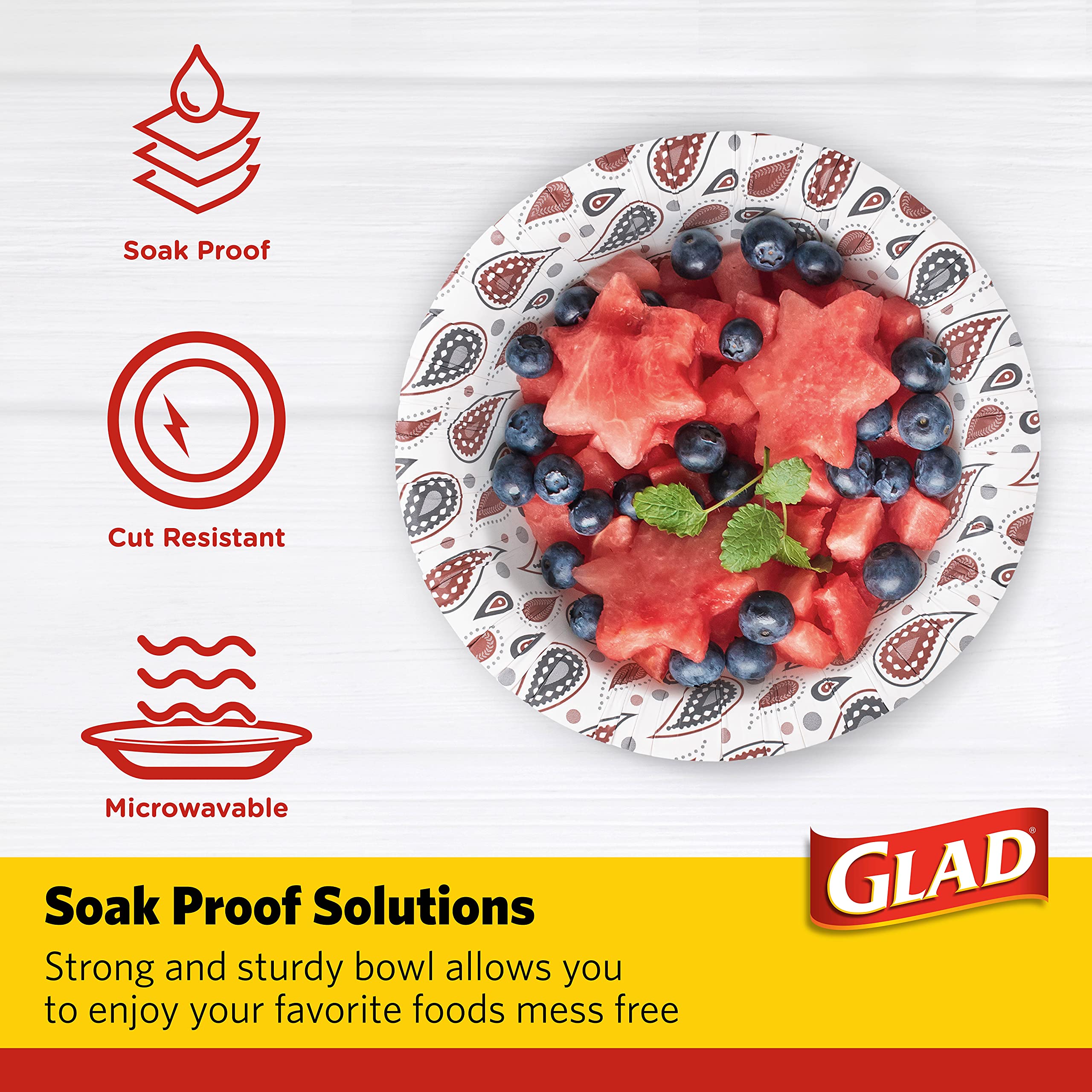 Glad 16 oz Disposable Paper Bowls with Paisley Drops Design, 50 Count | Disposable Bowls for Parties & Picnics and Everyday Use | Microwave Safe, Soak Proof Paper Bowls from Glad