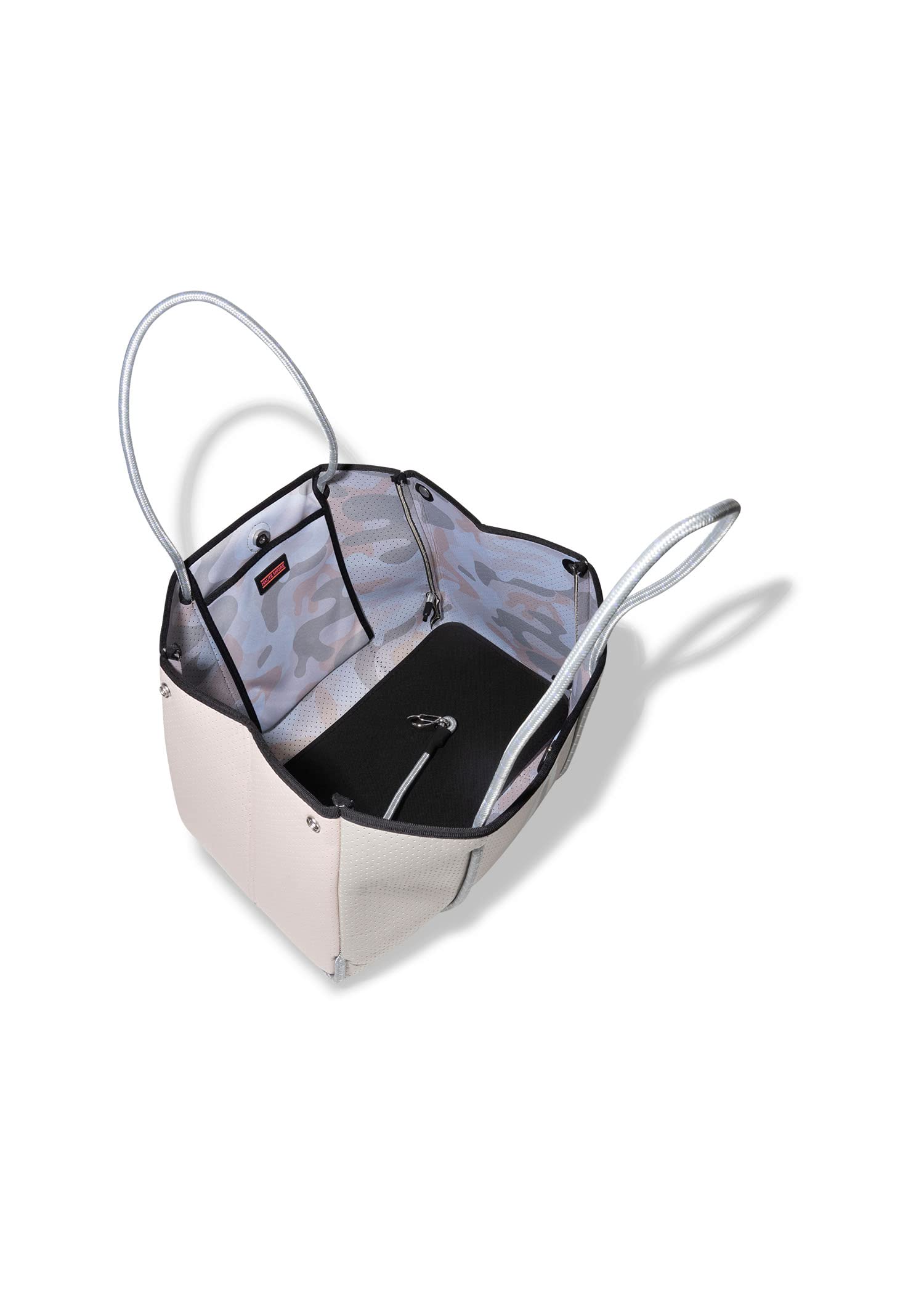 Haute Shore - Greyson Shell Neoprene Tote Bag w/Zipper Wristlet Inside,Greige Coated W/White Greige & Peach Stripe