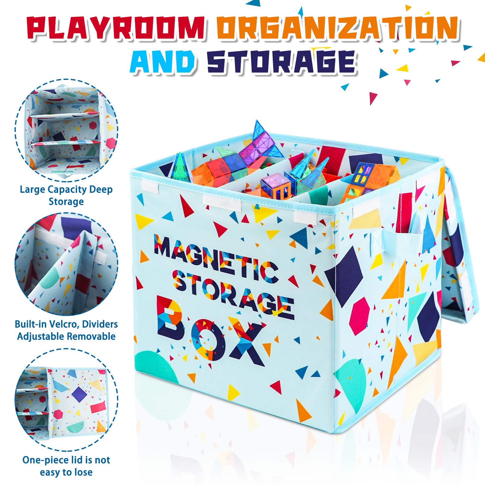MUOUAKATE Magnetic Tiles Toy Organizer Box, Magnetic Tiles Toy Carry Case with Dividers, Playroom Organizer Travel Storage Organizer Bin, Magnetic holder Foldable Storage Cubes Bins and Lid