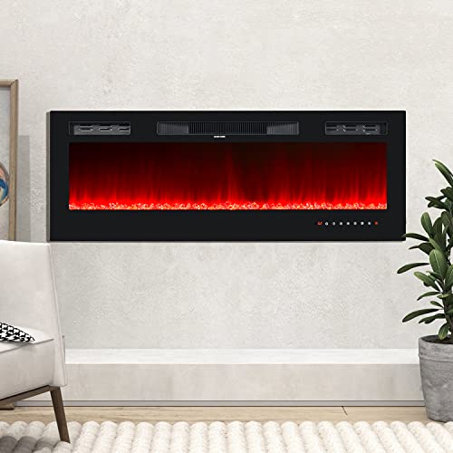 oneinmil Electric Fireplace, 50 inch Wide Recessed/Wall Mounted/Free Standing Electric Fireplace, Remote Control with Timer 12 Adjustable Color Flame, Remote Control,with Crystal Stone, 750/1500W