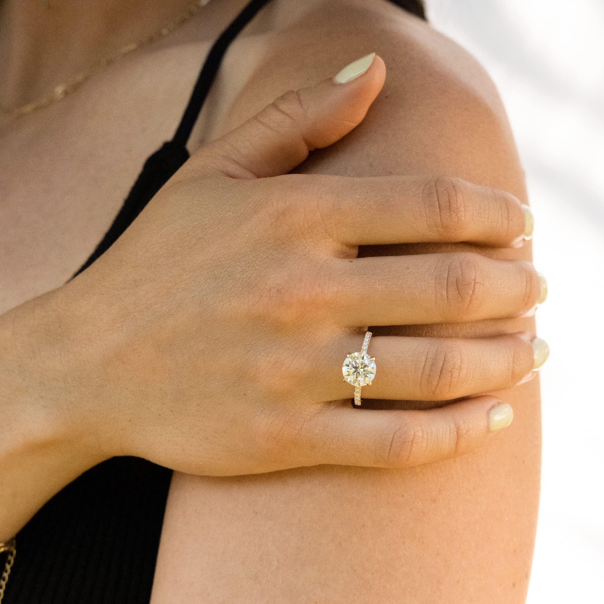 espere 3 Carat Round Moissanite Engagement Ring in 14K Yellow Gold Pavé Band | Round Brilliant Classic Paved Engagement Ring Size 6