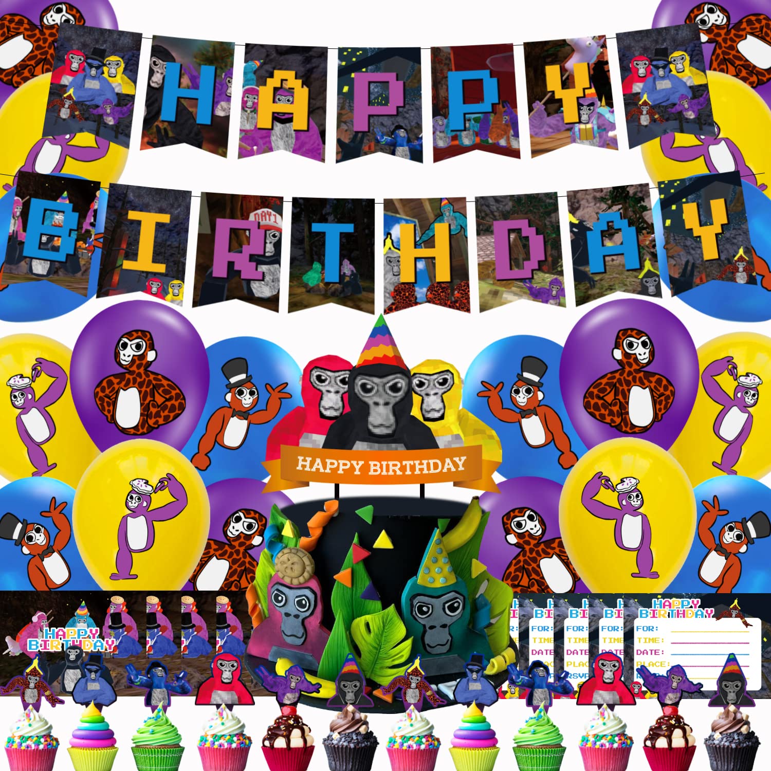 Gorilla Tag Birthday Party Decorations, Gorilla Tag Birthday Banner - Cake&Cupcake Toppers - 18 Latex Balloon - 10 Invitations for Gorilla Tag Party Supplies