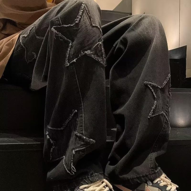 Grunge Baggy Jeans Y2K Emo Alt Cargo Pant Star Patchwork Fairycore Demin Cloting Jogger Hiphop Gothic Tripp Streetwear (Black,Large)
