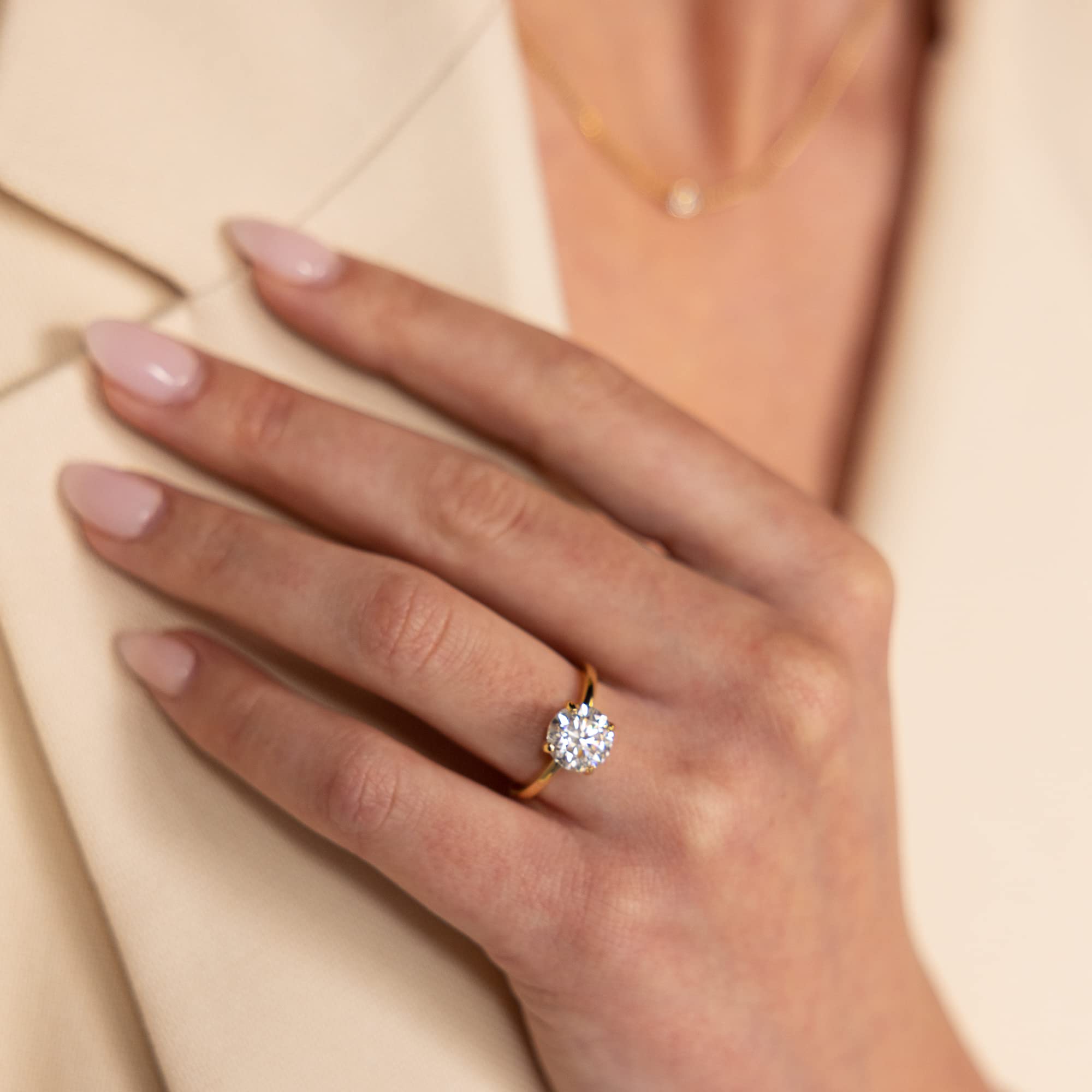 espere 3 Carat Round Moissanite Engagement Ring in 14K Yellow Gold | Round Cut Classic Solitaire Engagement Ring in Plain Band Size 7