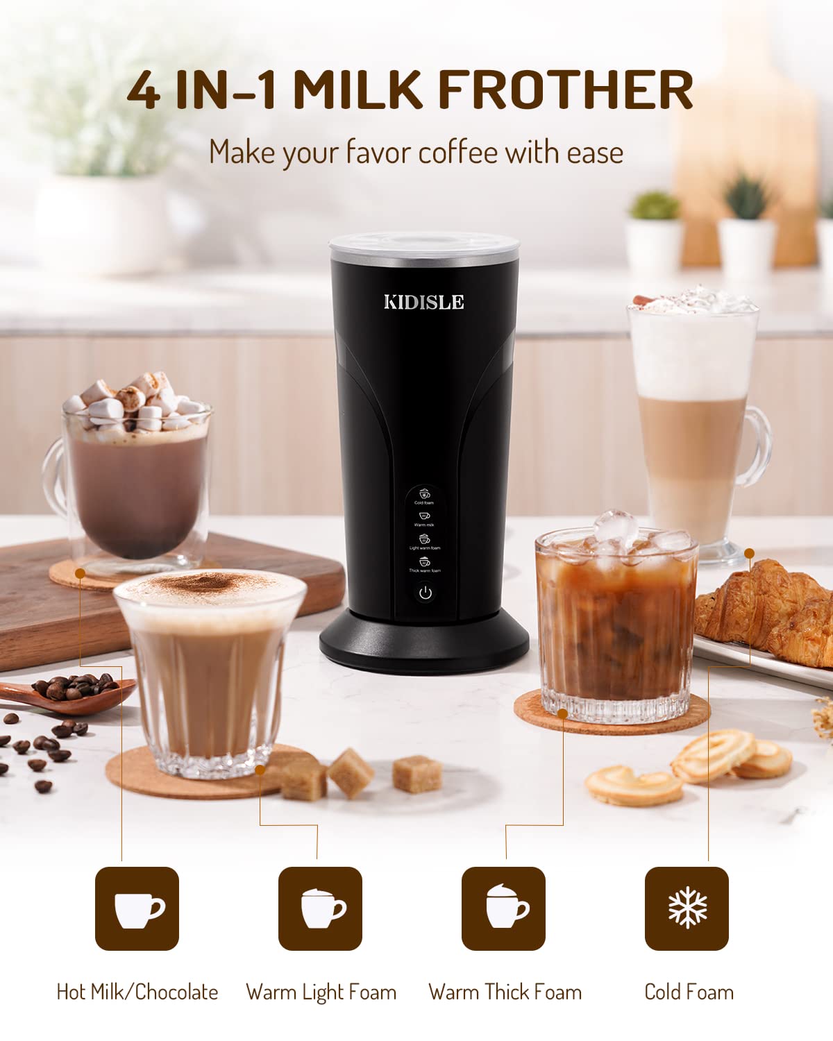 KIDISLE 4-in-1 Milk Frother and Steamer, Electric Milk Steamer with Keep Warm Function, Automatic Warm and Cold Foam Maker for Coffee, Latte, Hot Chocolate, Cappuccinos, Macchiato, Black