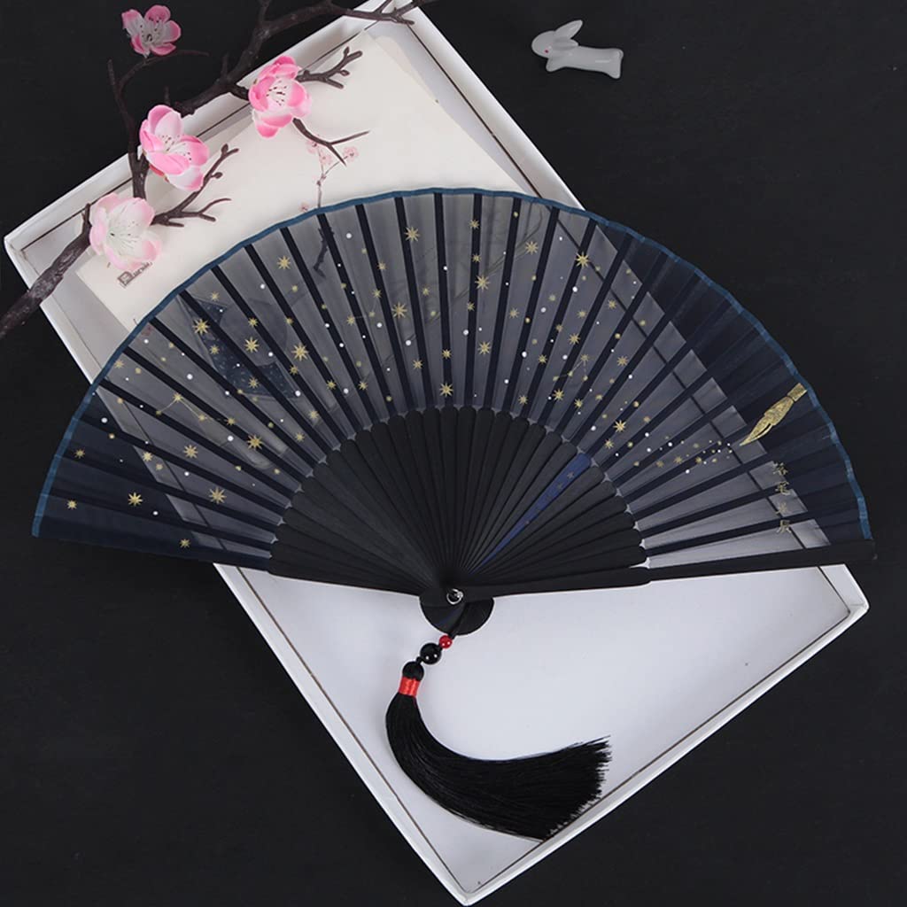 Folding Fan Chinese Style Women's Fan Summer Portable Folding Fan Ancient Style Bamboo Fan Dance Platform for Dance (Color : Black)