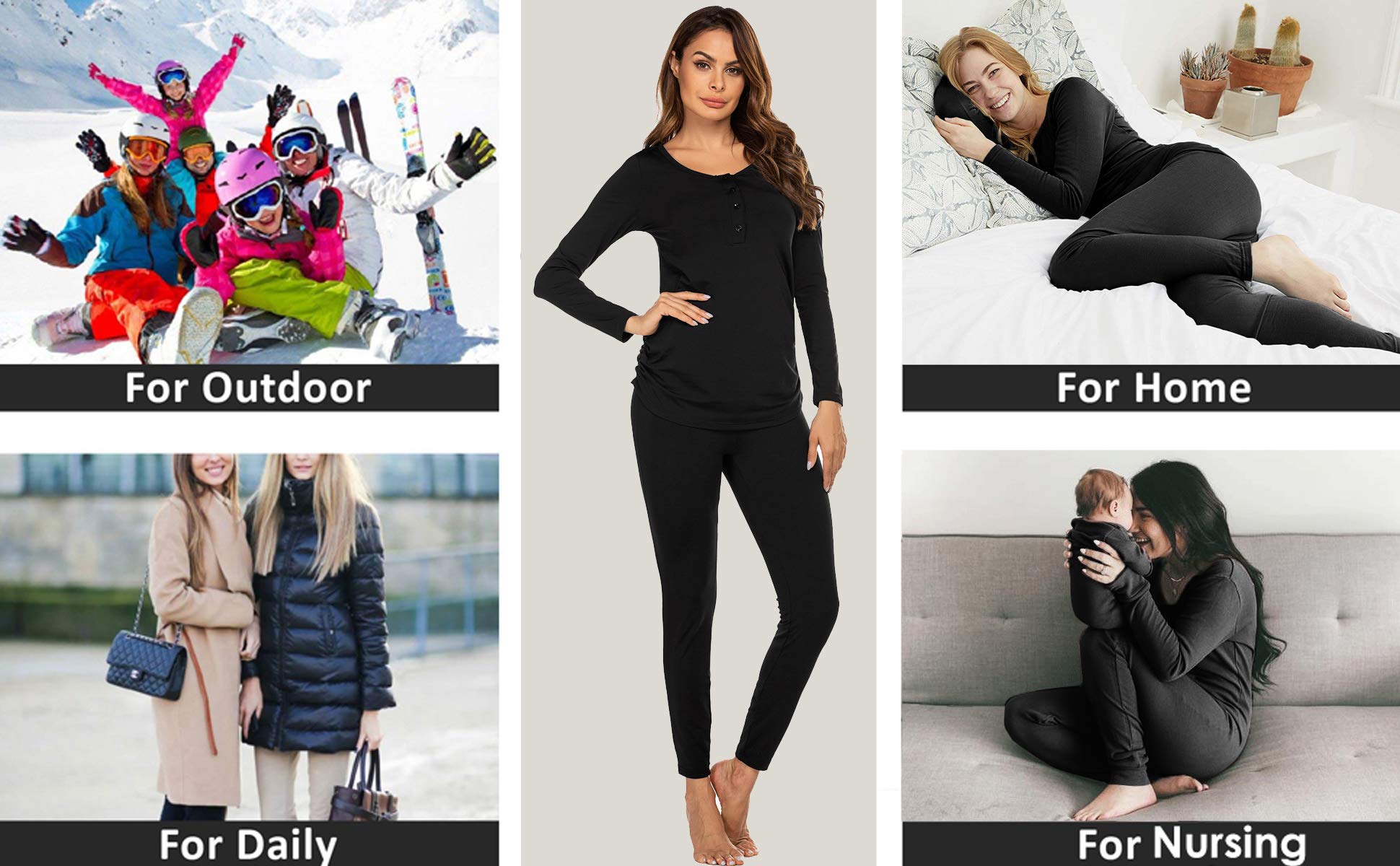 Ekouaer Thermal Underwear for Women Knit Thermals Women's Base Layer Long John Set Black L