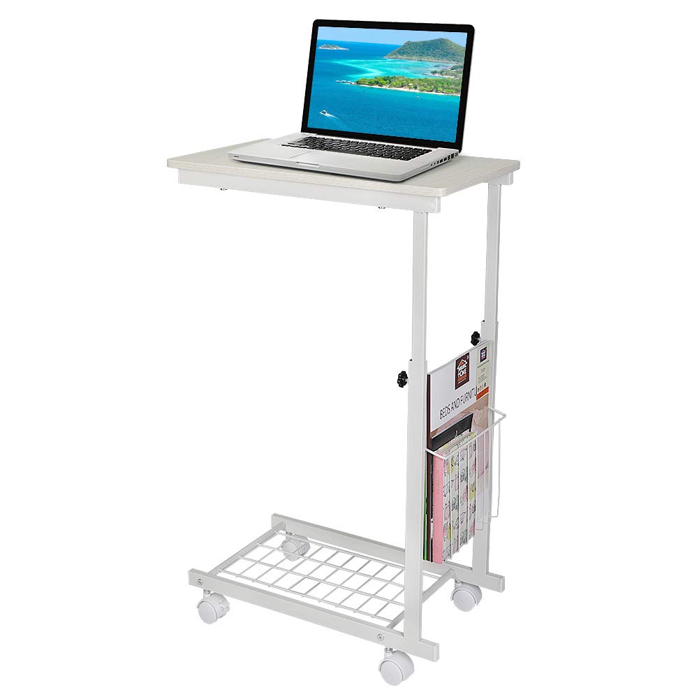 Ejoyous Height Sofa Side Table with Wheels, Movable Bedside End Table Computer Desk Laptop Stand Rolling Cart with Storage Basket for Home Couch Bedroom Office Workstation