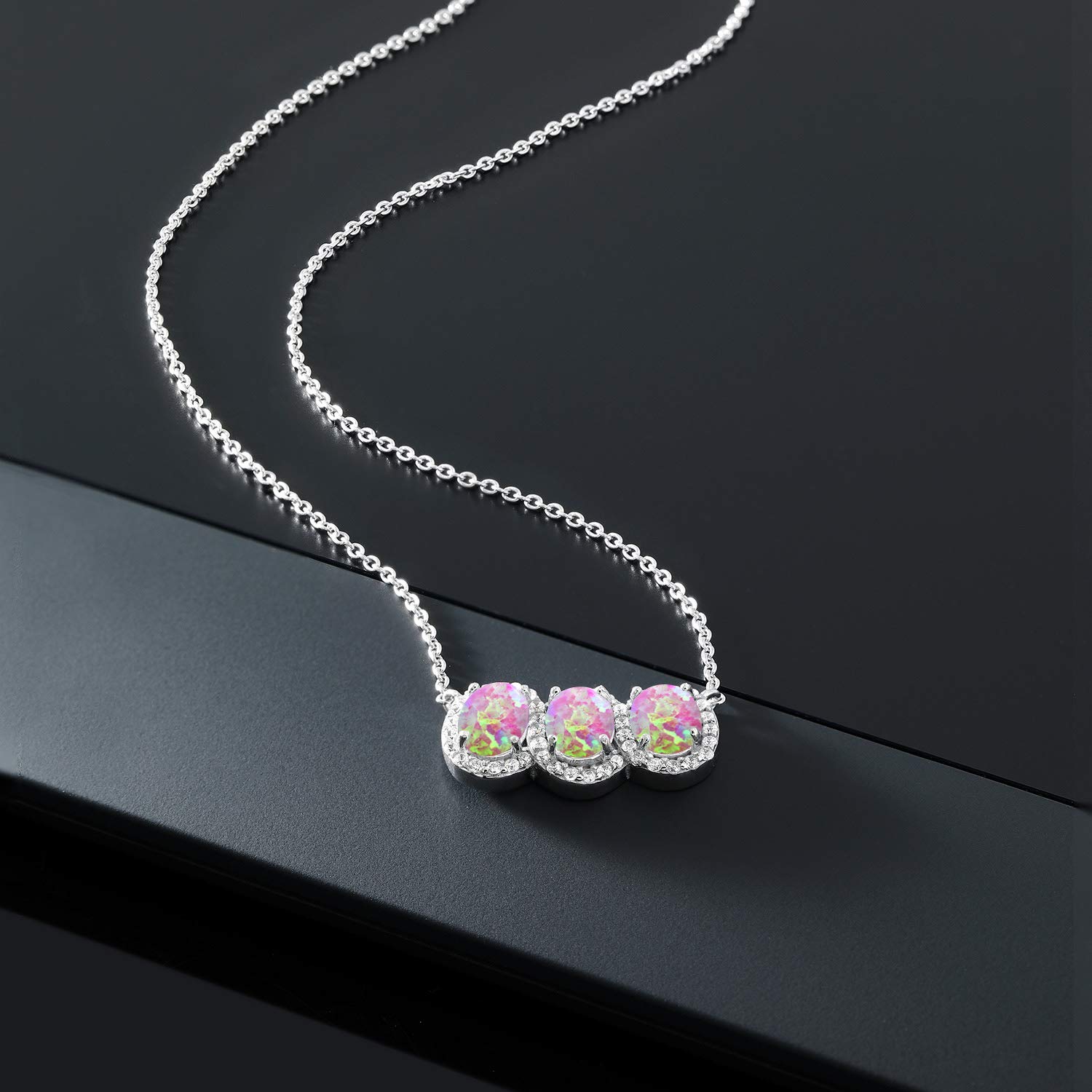 Gem Stone King 2.34 Ct Oval Cabochon Pink Simulated Opal 925 Sterling Silver 18 Inches 3-Stone Necklace