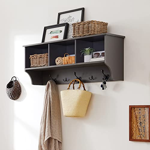 Vanity Art 5 Hooks Wall Mounted Coat Rack with Storage Shelf Wall Hanging Shelf Entryway Organizer for Living Room Bedroom Bathroom Kitchen (Gray) F10003GR-BK